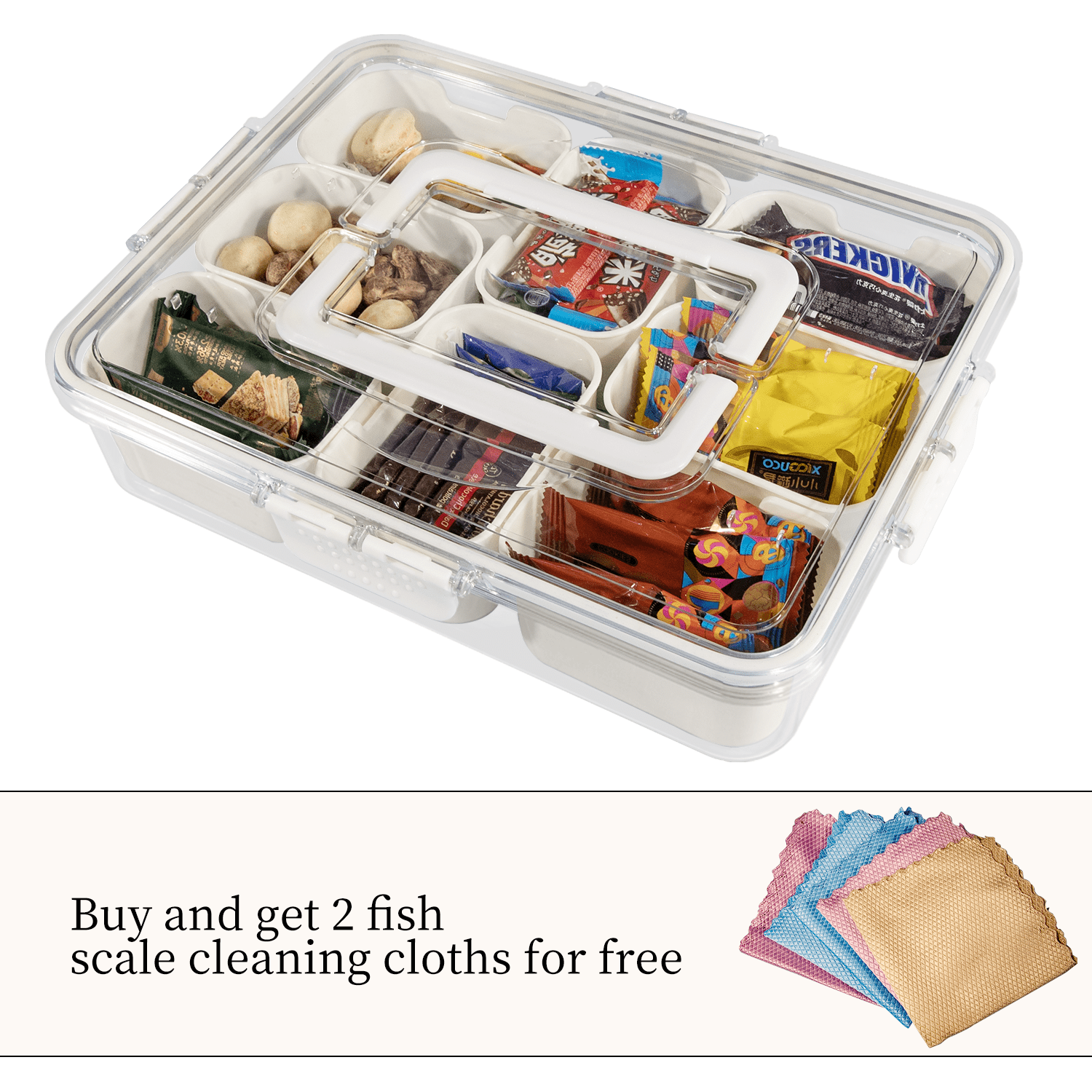 Portable snack box container with lid and square handle, divider tray ...