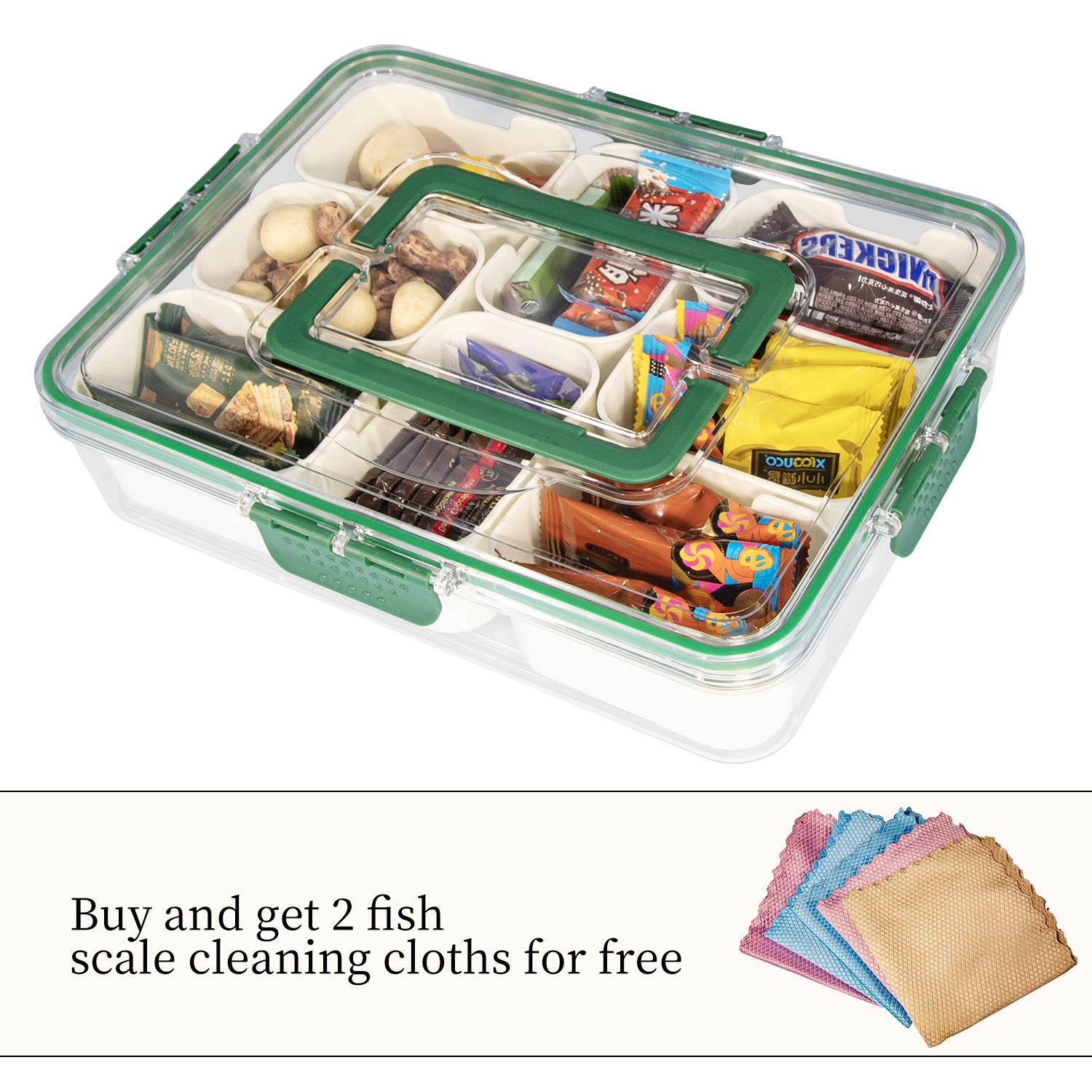 Portable snack box container with lid and square handle, divider tray ...