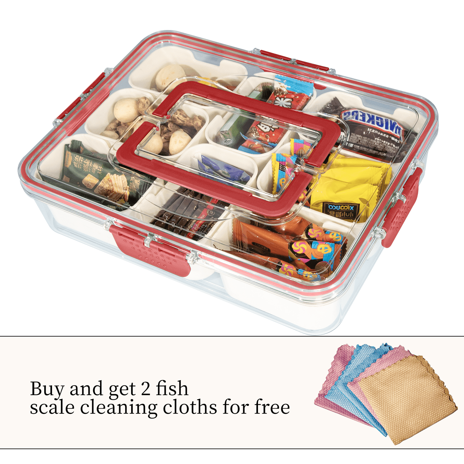 Portable snack box container with lid and square handle, divider tray ...
