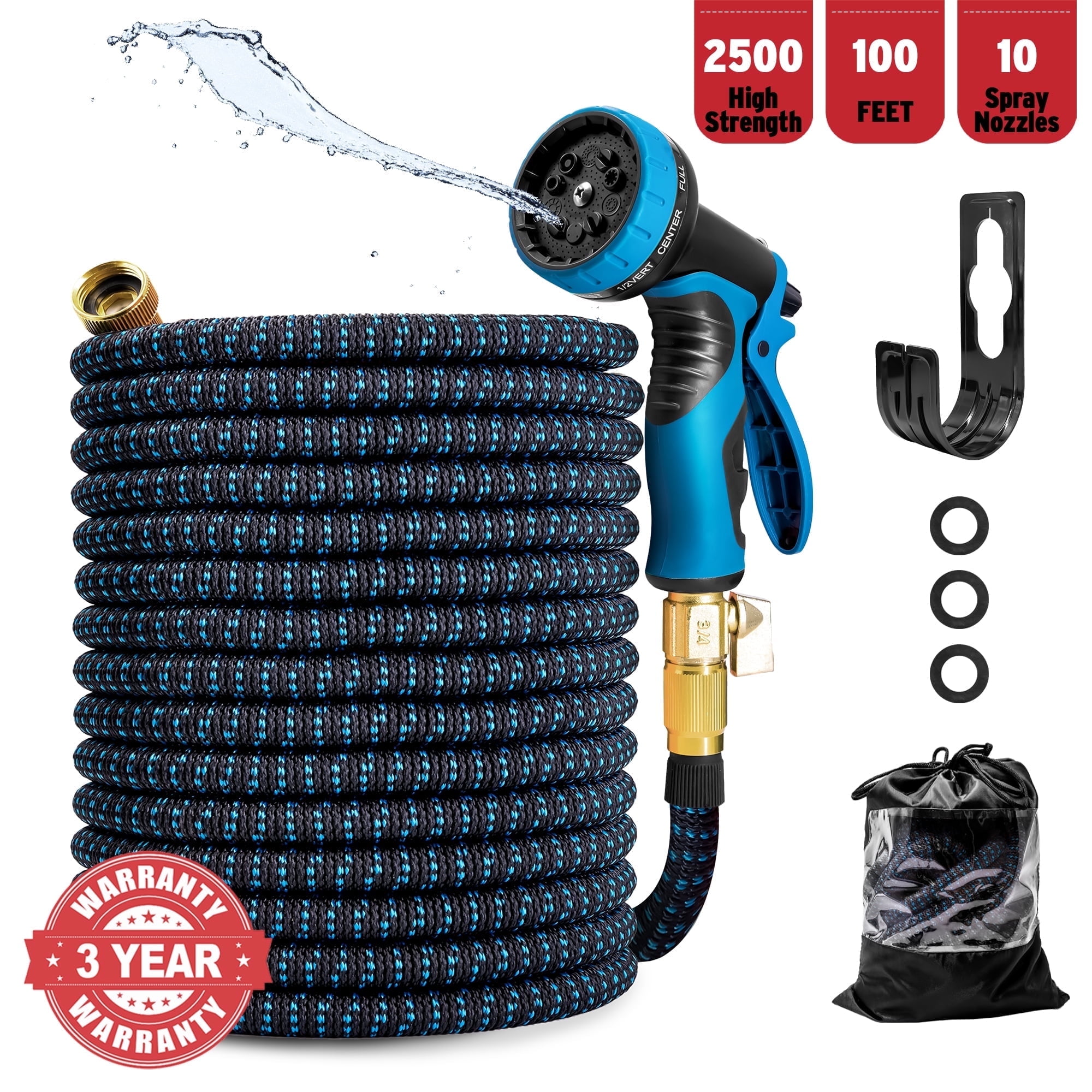 PortableOut 100ft Compact Expandable Garden Hose, 10 Spray Nozzle ...