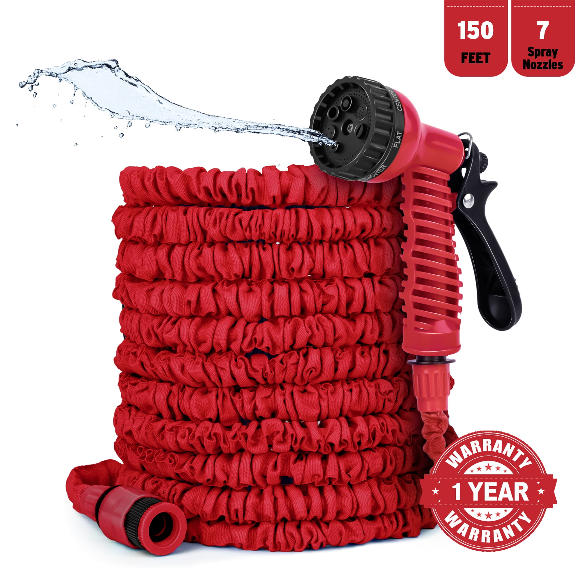 PortableOut Lightweight 150ft Expandable Flexible Garden Water Hose with 7 Spray Nozzle, Red ...