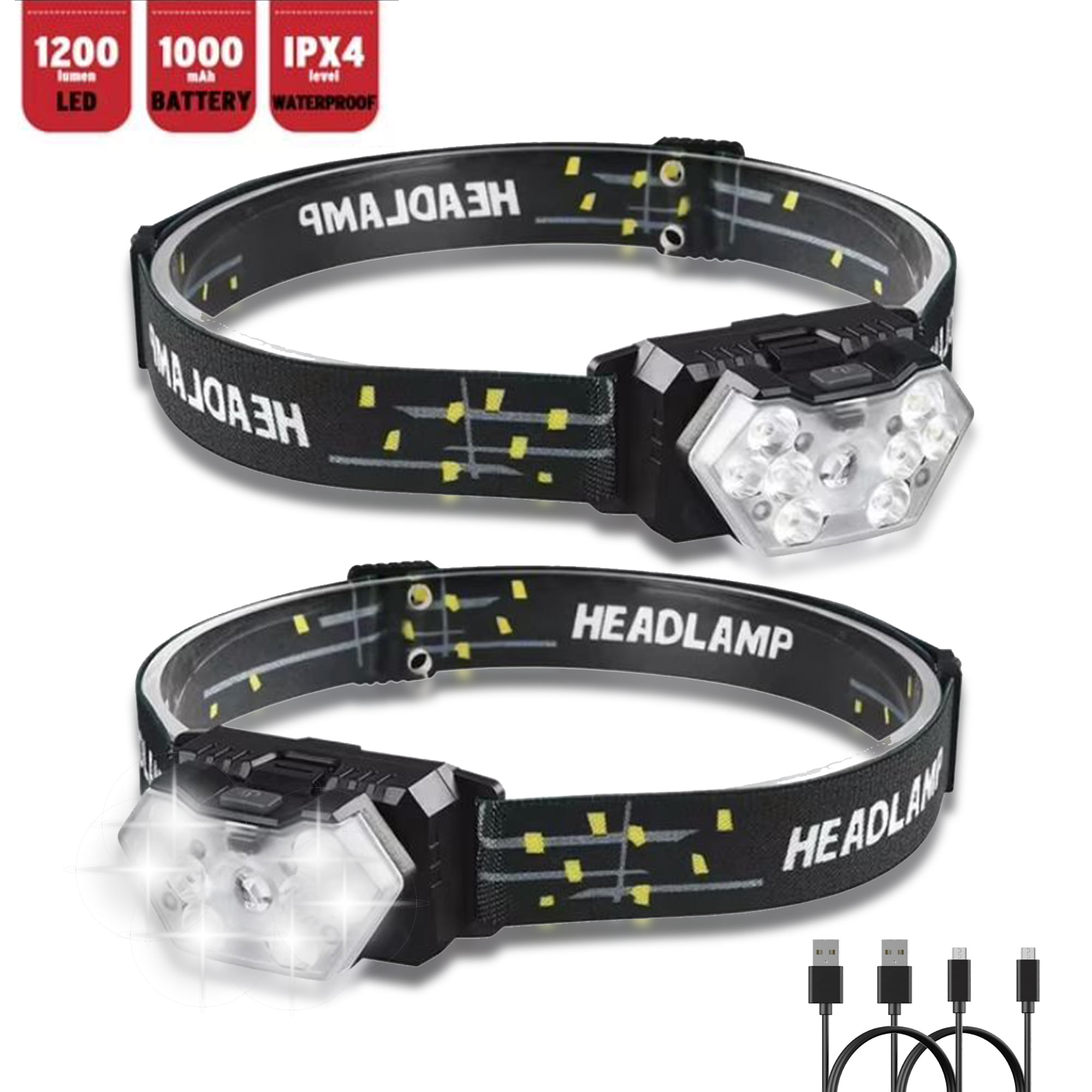 2 Pack LED Rechargeable Headlamp, Ultra Bright 1200 Lumen Headlights ...
