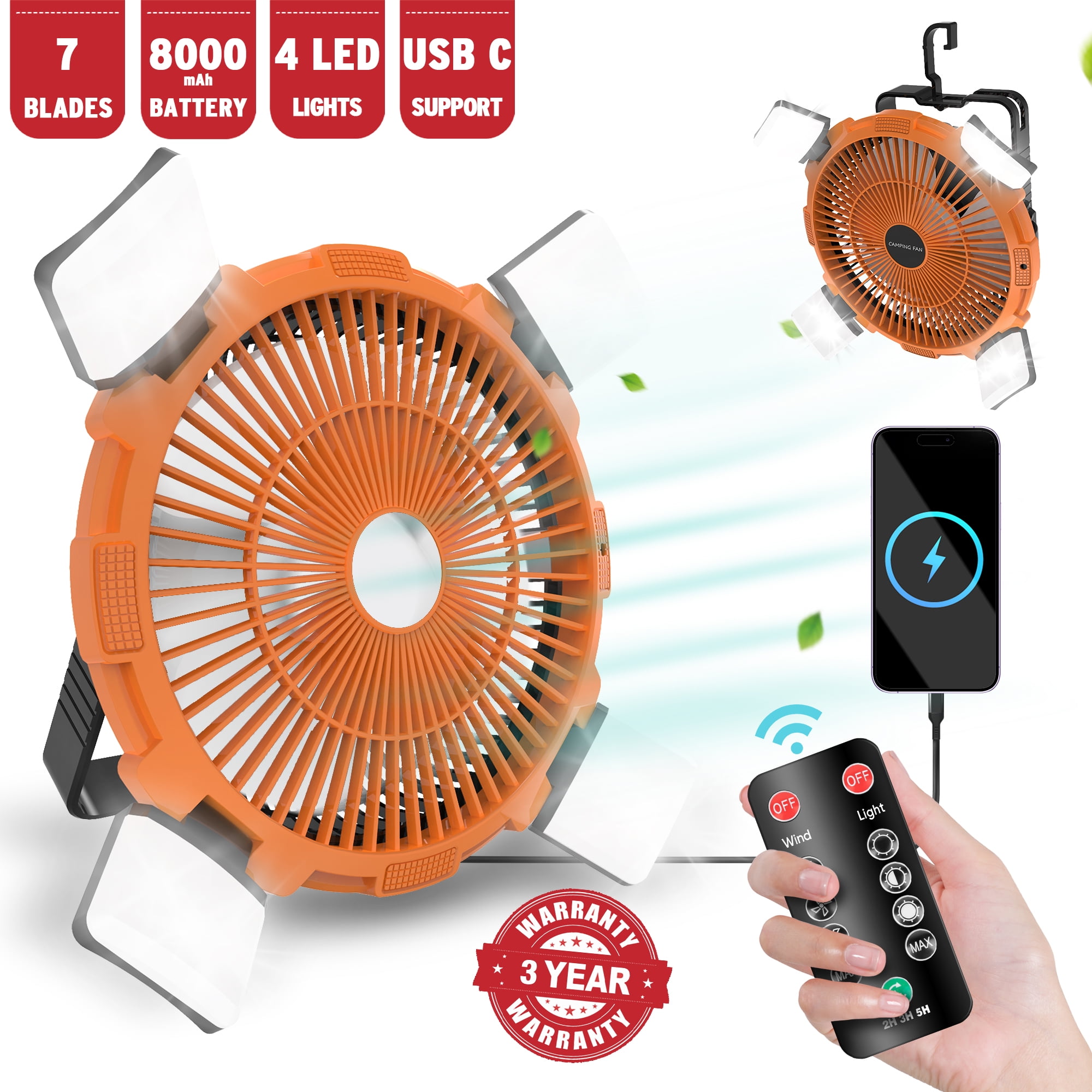 PortableOut Wireless Cordless Outdoor Fan with 8000mAh, 180 LED Light ...