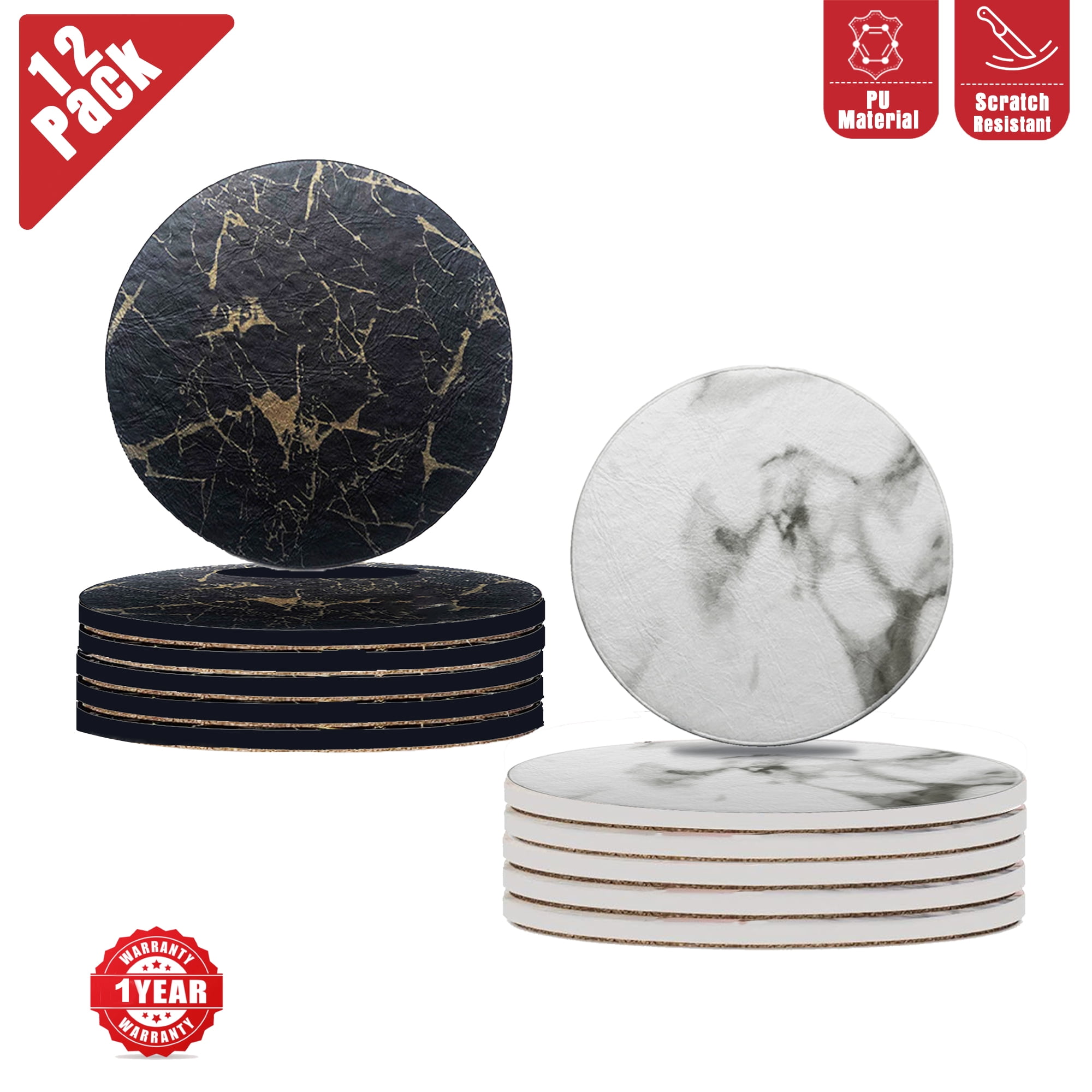 PortableOut Faux Leather Table Coasters, Marble Ceramic, 4", Black ...