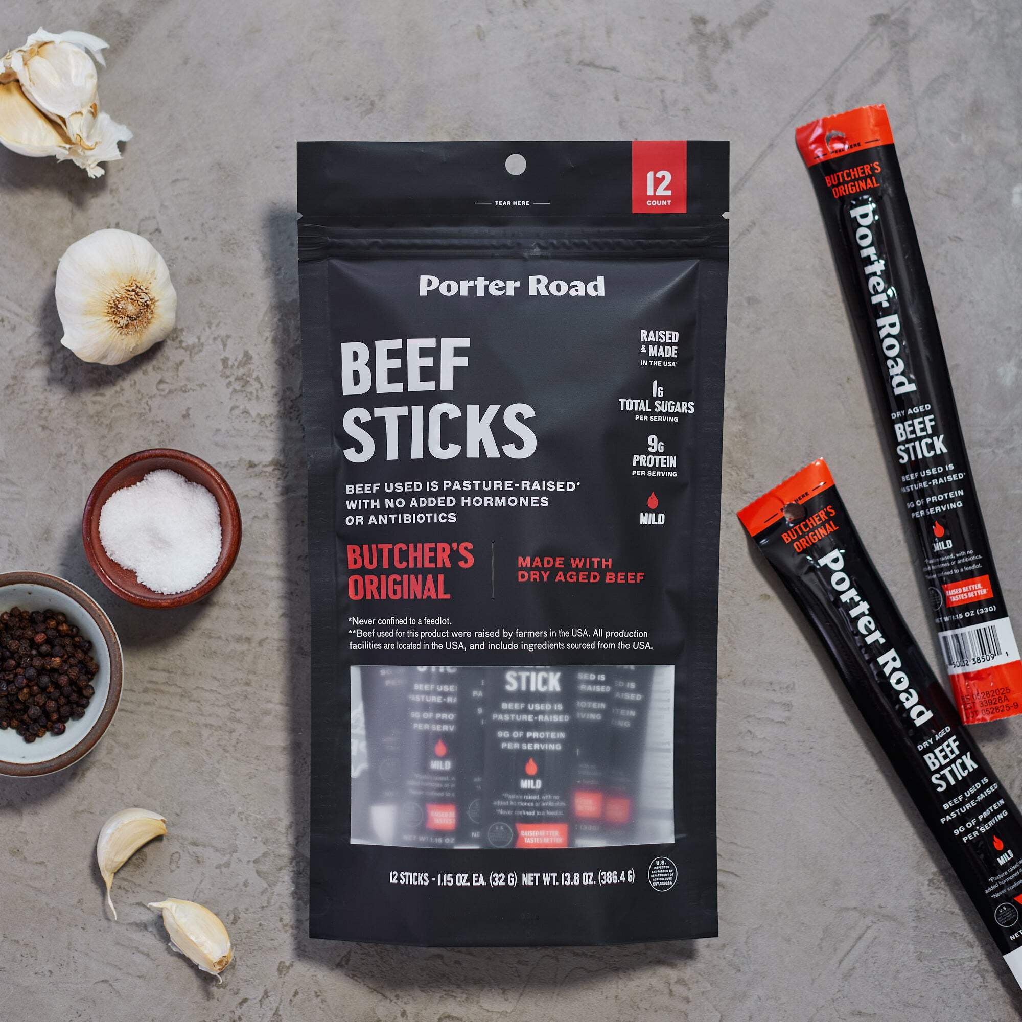 Porter Road Butcher's Original Beef Sticks, 1.15 oz, 12 count, Raised ...