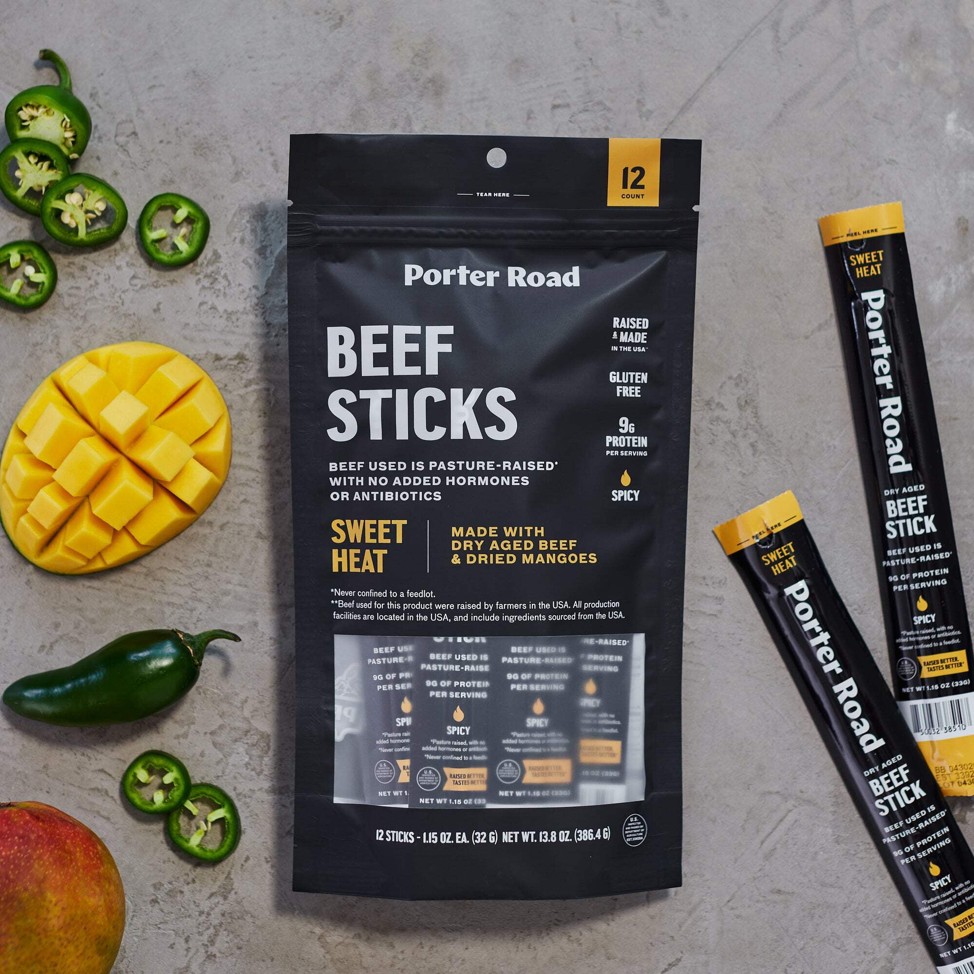 Porter Road Sweet Heat Beef Sticks, 1.15 oz, 12 count, Raised and Made ...