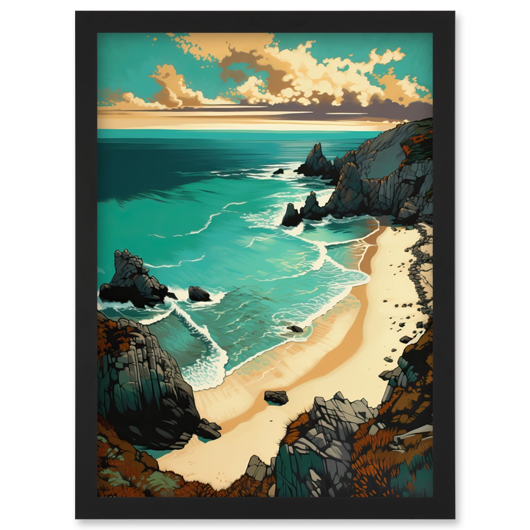 Porthcurno Sandy Beach Cliffs Coastal Landscape Artwork Framed Wall Art ...