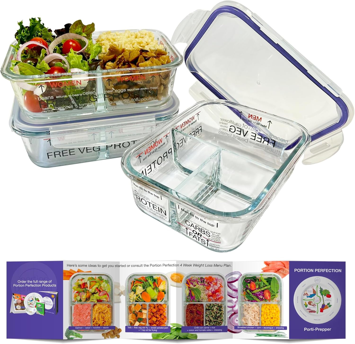 Portion Control Containers - Glass Oven Ready, Freezer Safe Meal Prep ...