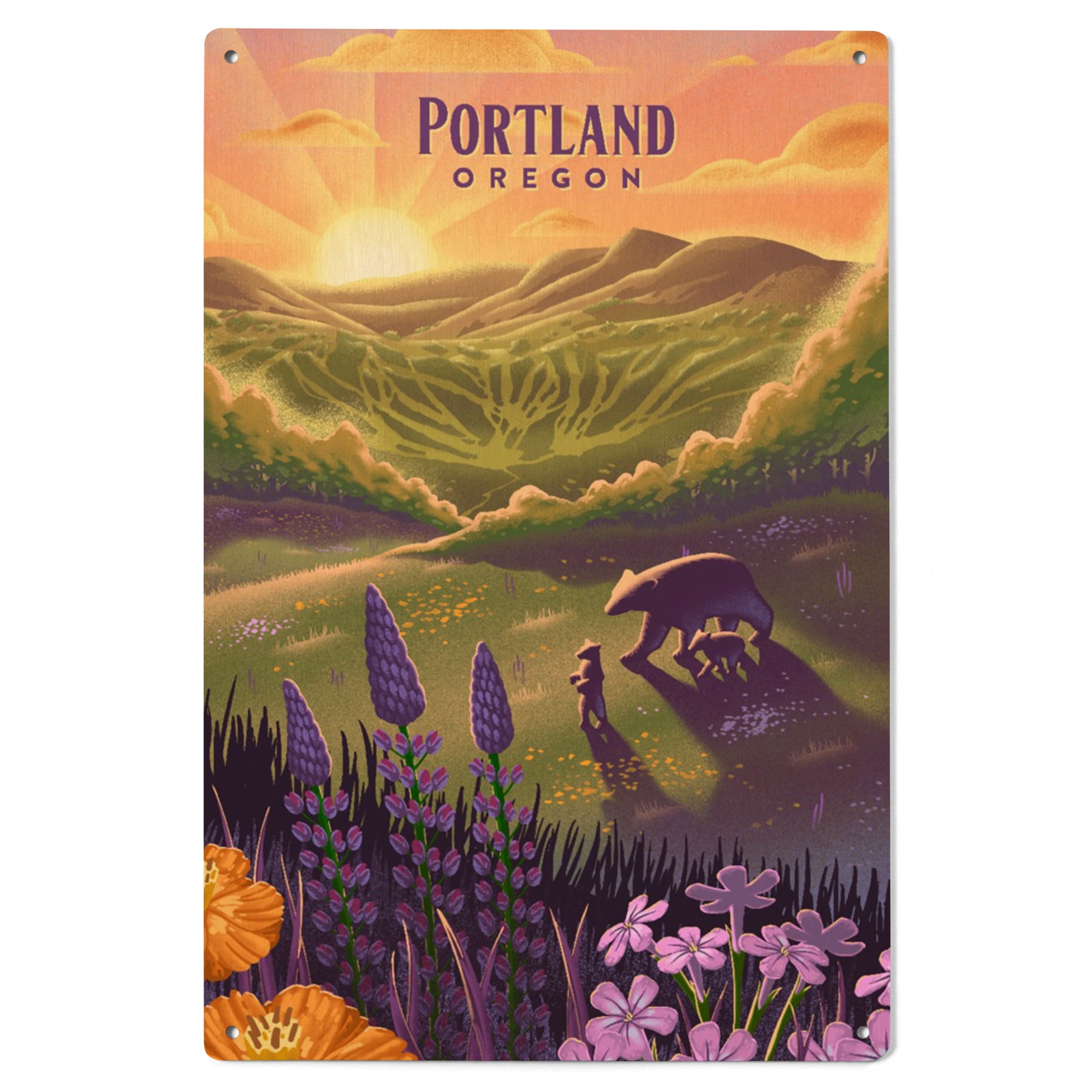 Portland, Oregon, Bear and Spring Flowers, Lithograph Birch Wood Wall ...