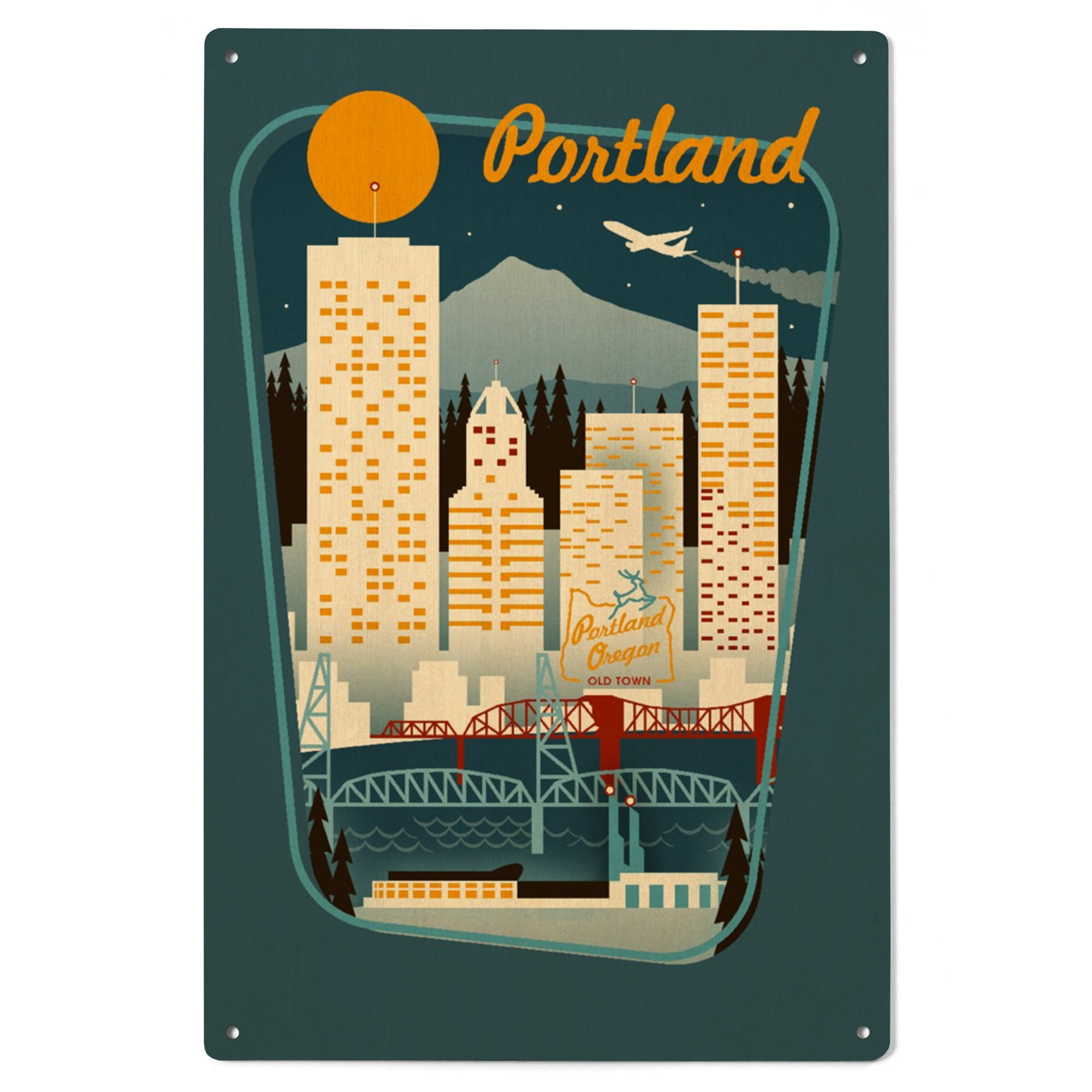 Portland, Oregon, Retro Skyline, Contour Birch Wood Wall Sign (6x9 ...