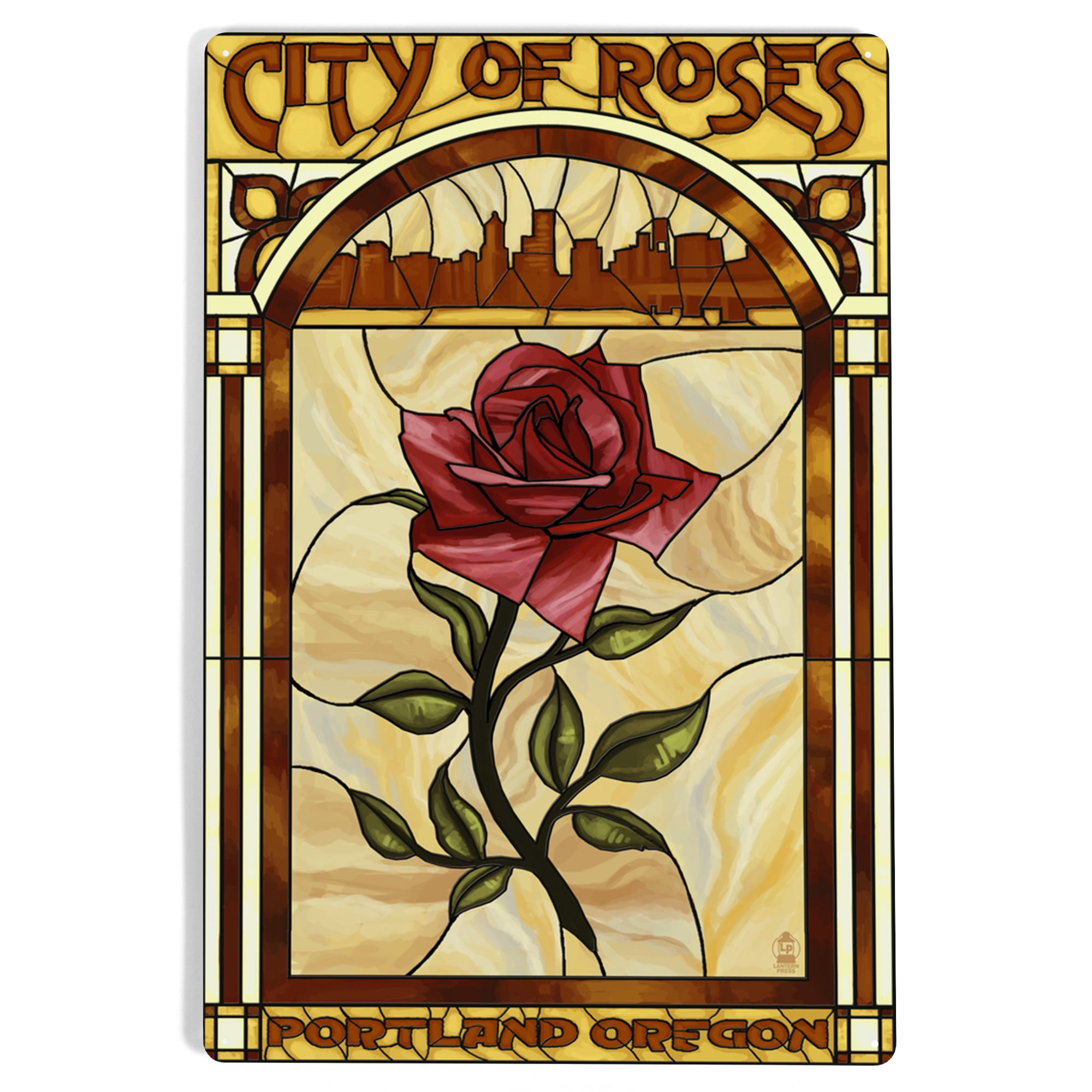Portland, Oregon, Rose and Skyline Stained Glass (12x18 Aluminum Art ...