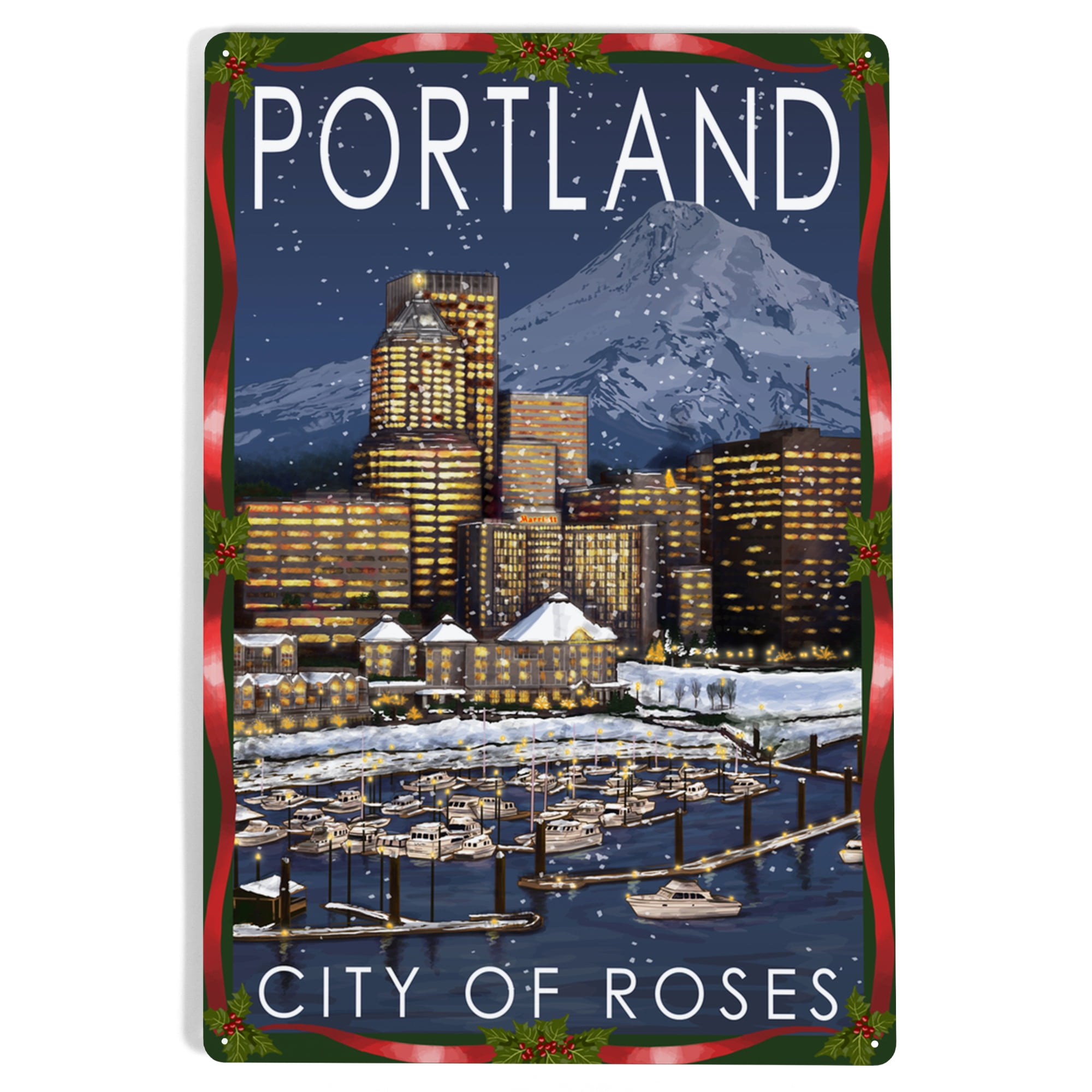 Portland, Oregon, Skyline at Night, Christmas Version (12x18 Aluminum ...