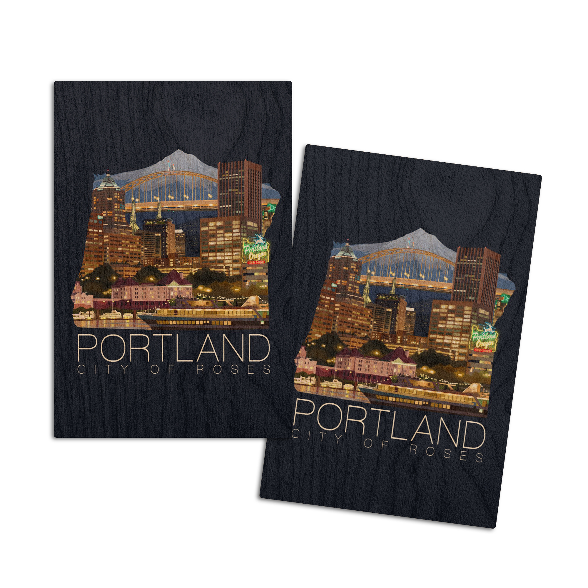 Portland, Oregon, Skyline at Night, Contour (4x6 Birch Wood Postcards ...