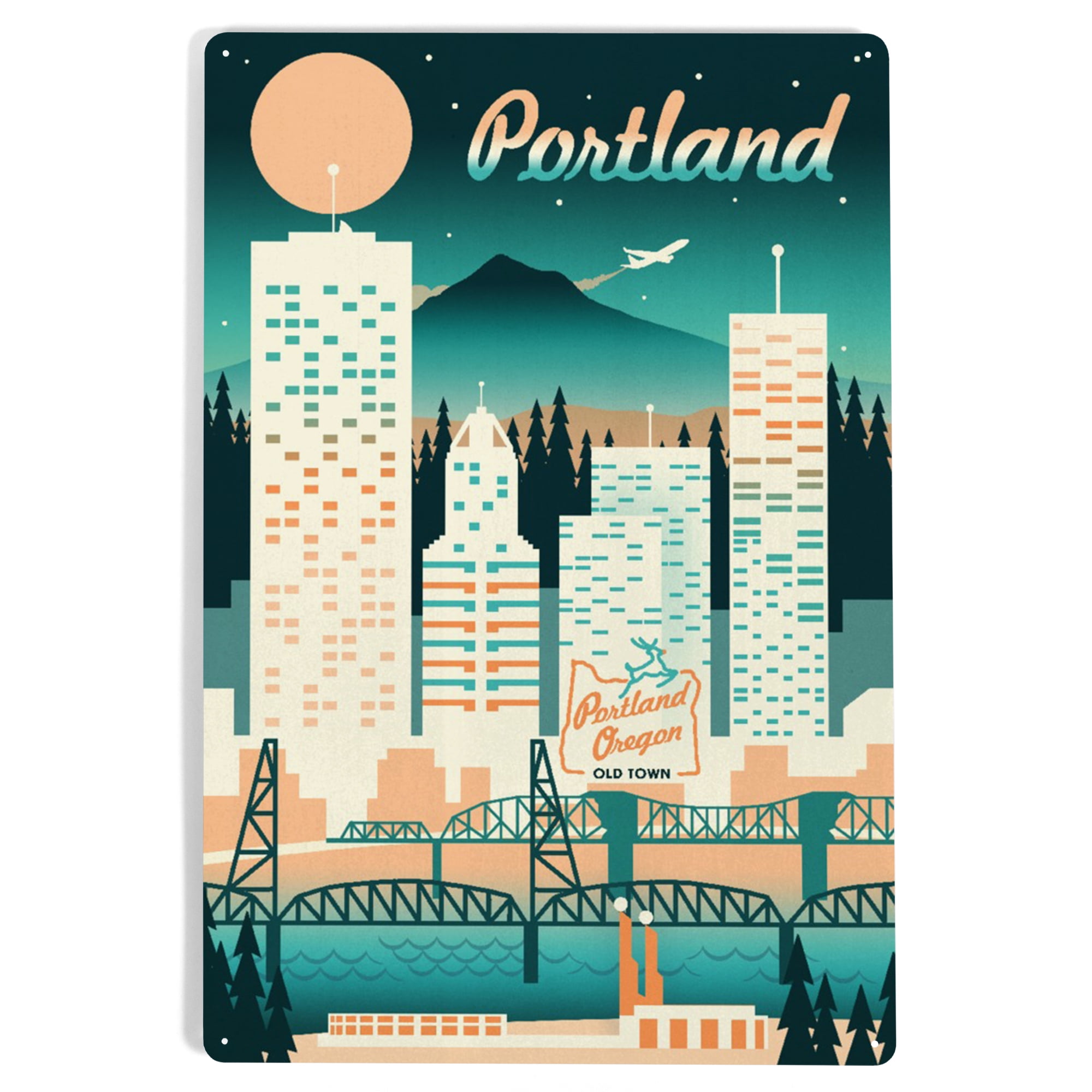 Portland, Retro Skyline Chromatic Series, Turquoise (12x18 Aluminum Art ...