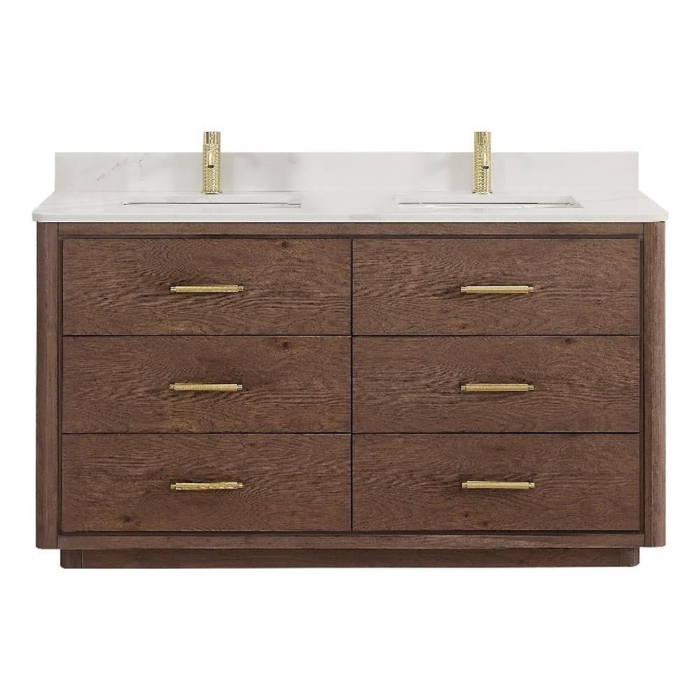 Porto 60M" Aged Dark Brown Oak Double Bath Vanity with Fish Maw White ...