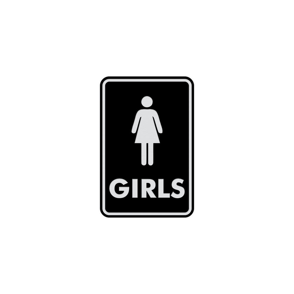 Portrait Round Girls Restroom Sign (Black / Silver) - Large 6" x 8 ...