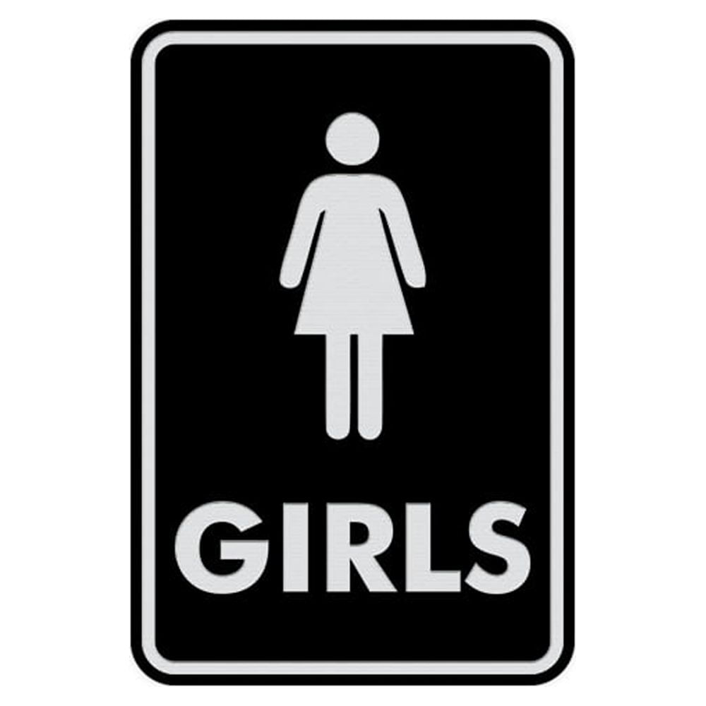 Portrait Round Girls Restroom Sign (Black / Silver) - Small 4" x 6 ...