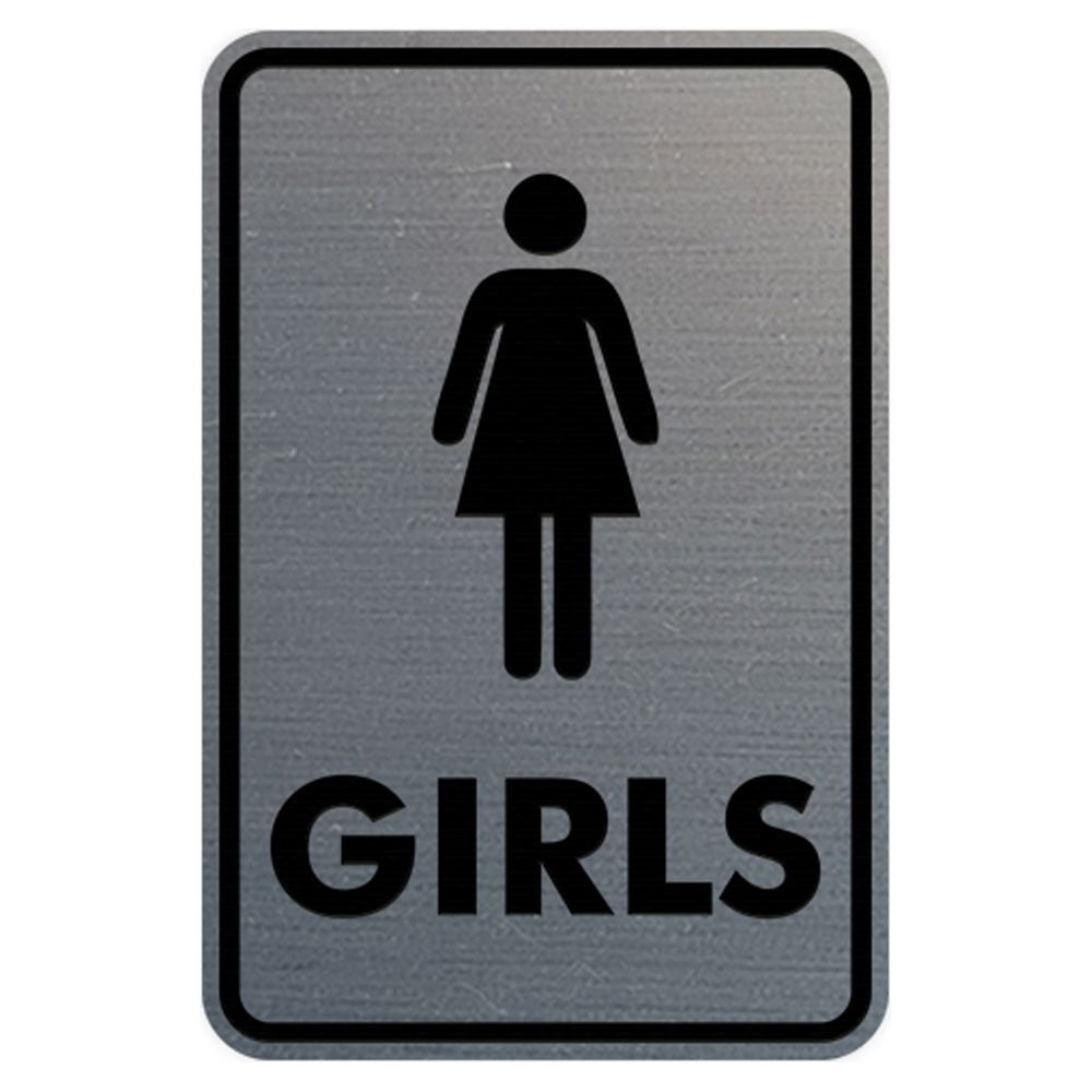 Portrait Round Girls Restroom Sign (Brushed Silver) - Large 6" x 8 ...