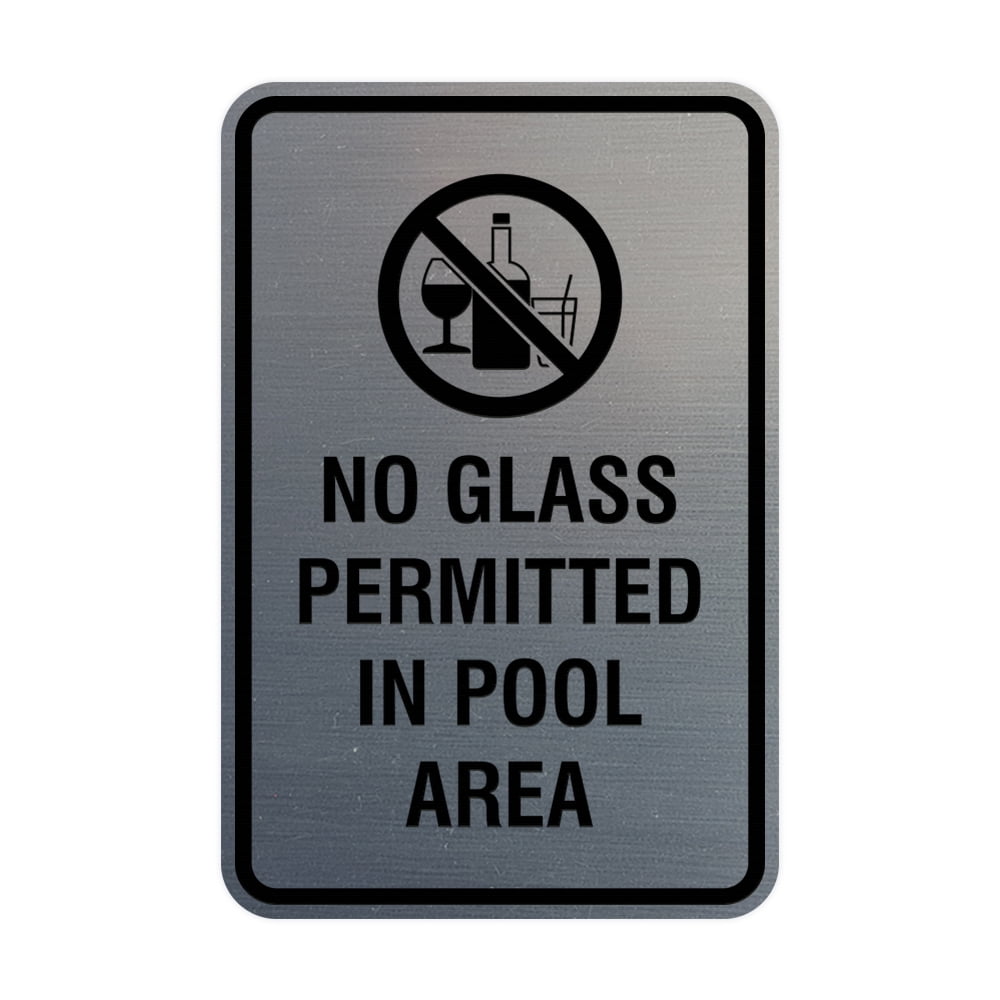 Portrait Round No Glass Permitted In Pool Area Sign (Brushed Silver ...