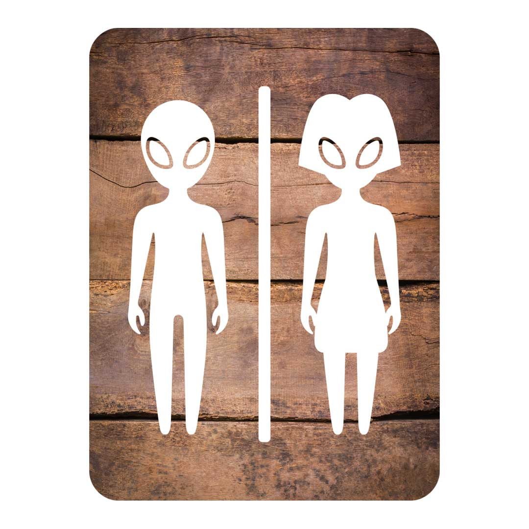 Portrait Round Plus - Fun Aliens Restroom Oak Wood Wall or Door Sign ...