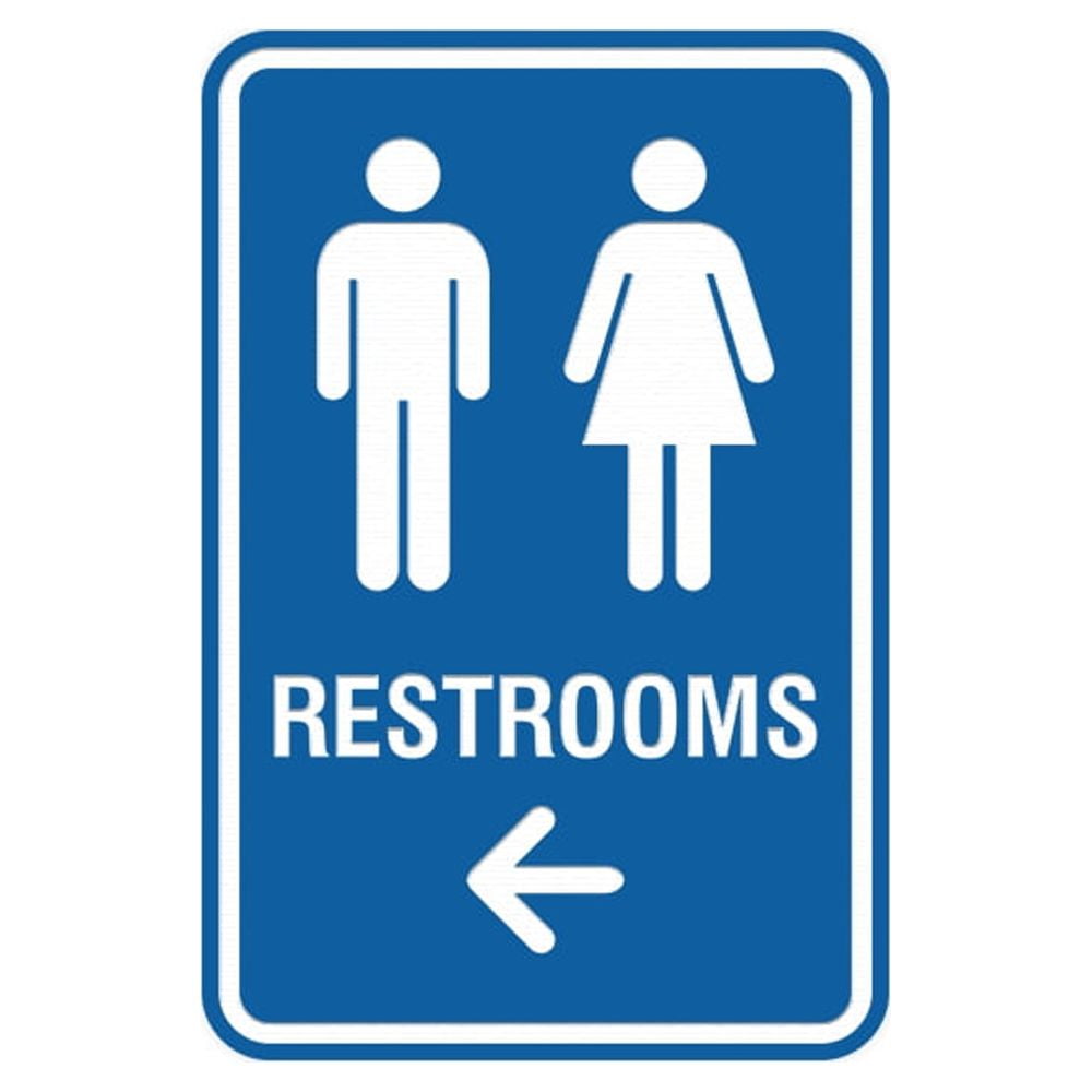 Portrait Round Restrooms Left Arrow Sign (Blue) - Large 6" x 8 ...