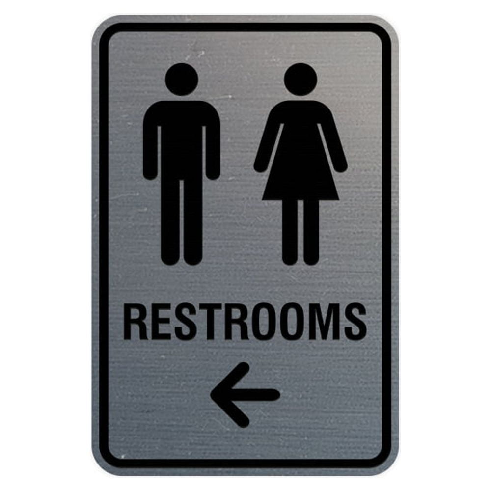 Portrait Round Restrooms Left Arrow Sign (Brushed Silver) - Medium 5" x ...