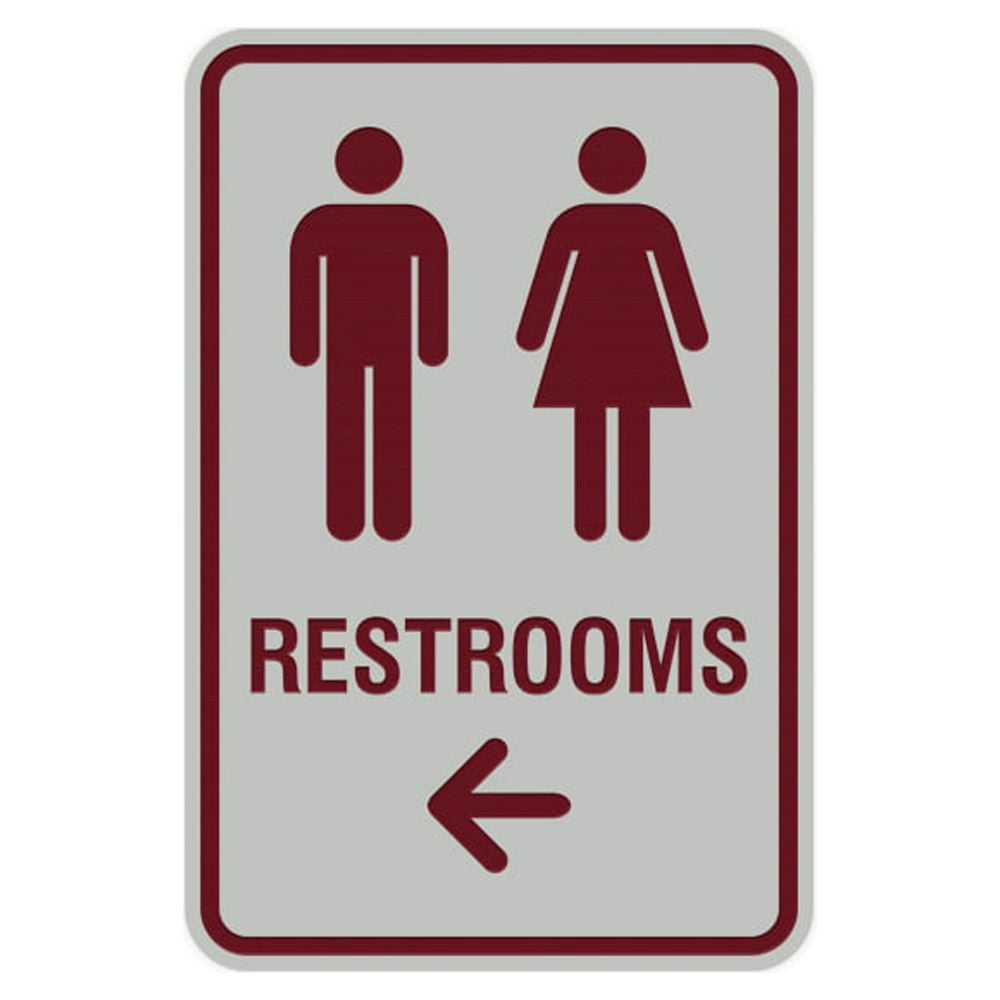 Portrait Round Restrooms Left Arrow Sign (Light Grey / Burgundy ...