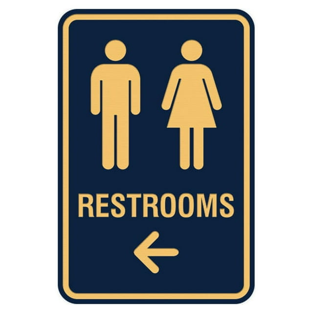 Portrait Round Restrooms Left Arrow Sign (Navy Blue/Gold) - Large 6" x ...
