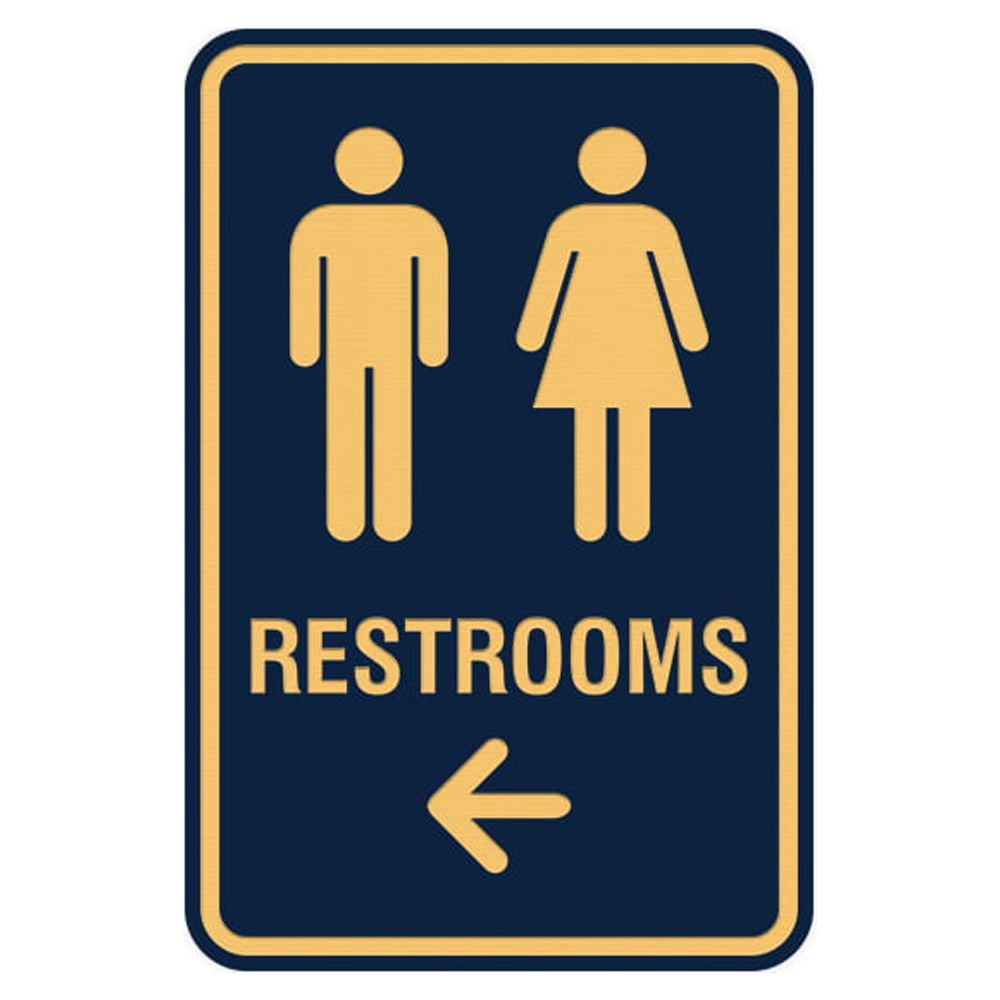 Portrait Round Restrooms Left Arrow Sign (Navy Blue/Gold) - Small 4" x ...