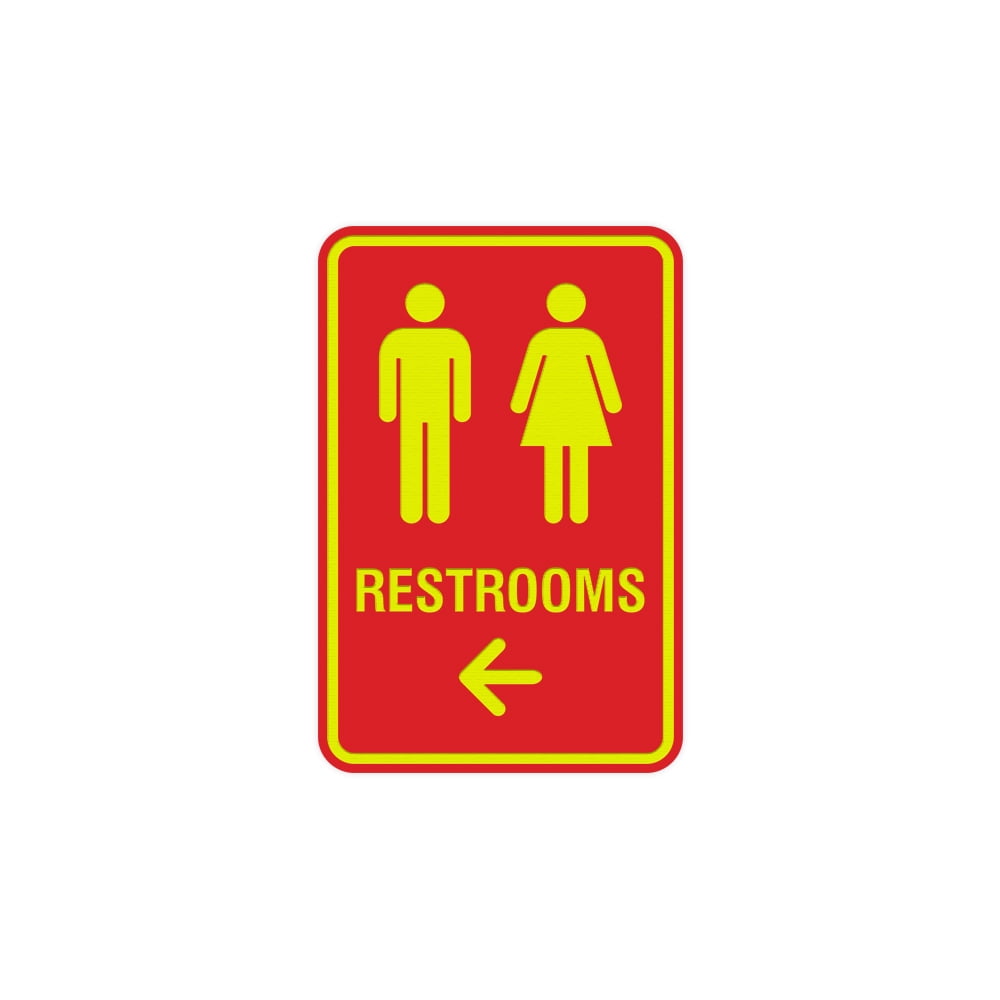 Portrait Round Restrooms Left Arrow Sign (Red/Yellow) - Small 4" x 6 ...