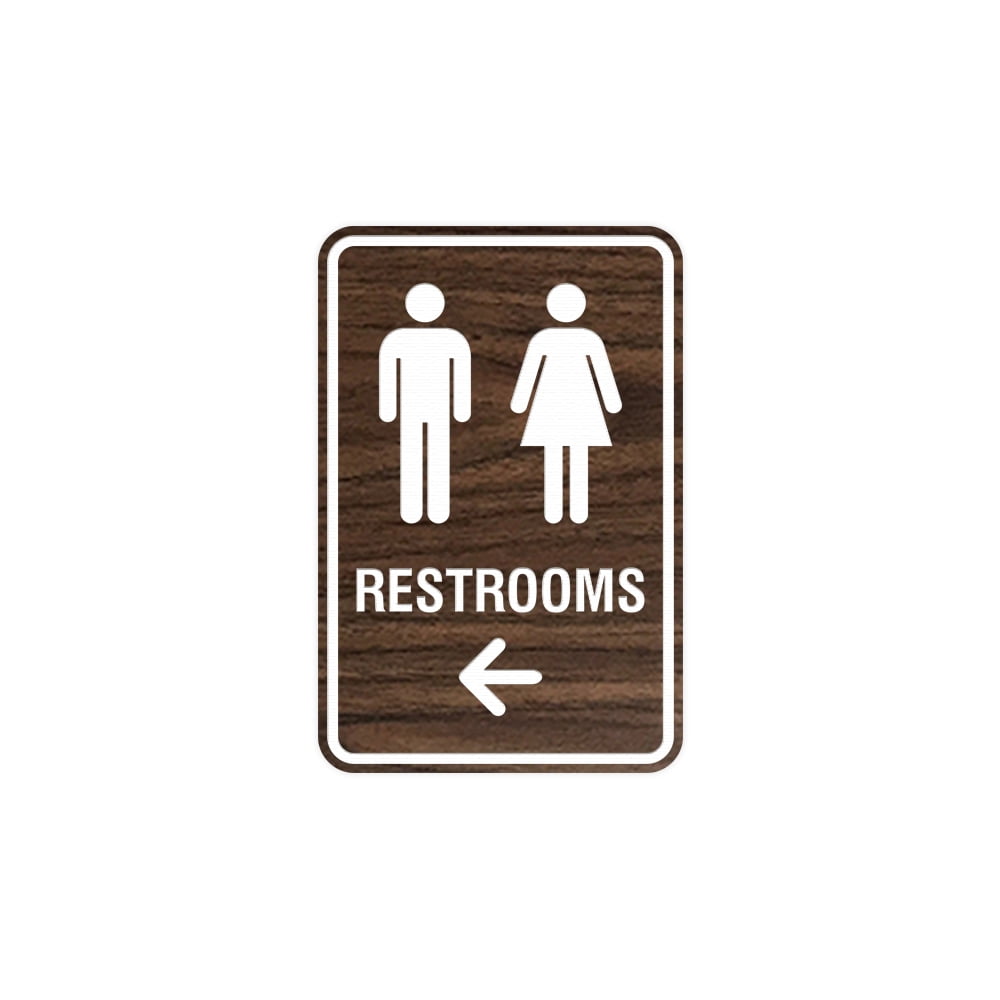 Portrait Round Restrooms Left Arrow Sign (Walnut) - Large 6" x 8 ...