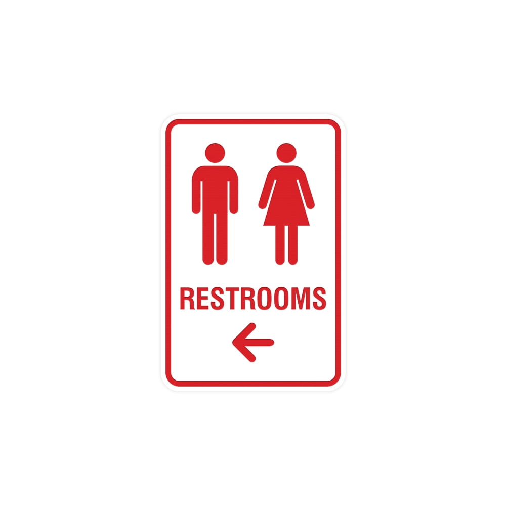 Portrait Round Restrooms Left Arrow Sign (White/Red) - Small 4" x 6 ...