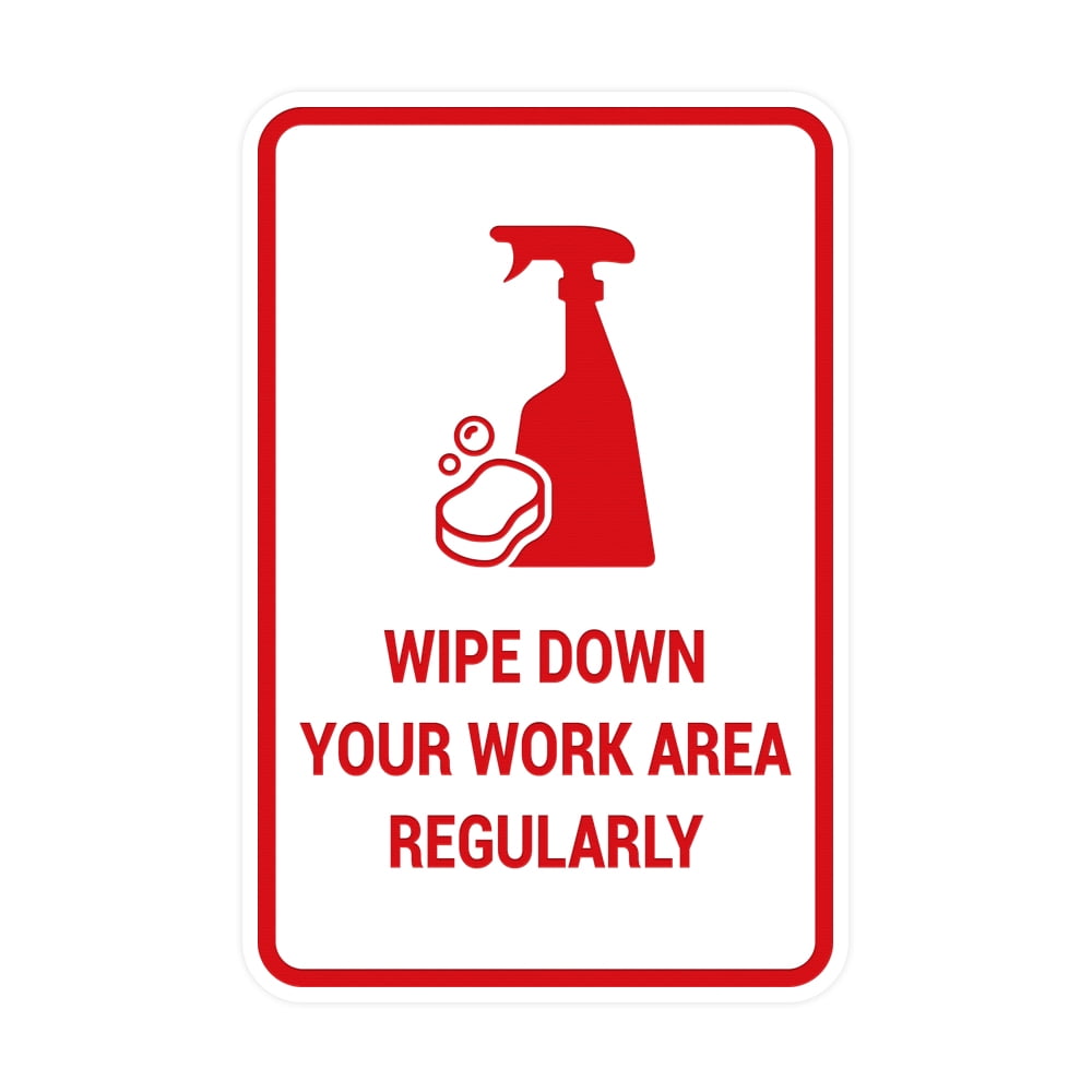 Portrait Round Wipe Down Your Work Area Regularly Sign (White/Red ...