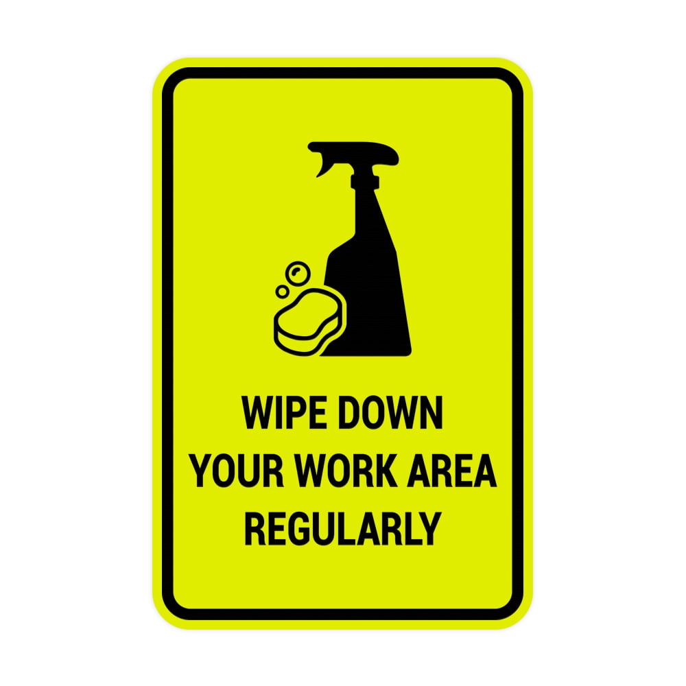 Portrait Round Wipe Down Your Work Area Regularly Sign (Yellow / Black ...