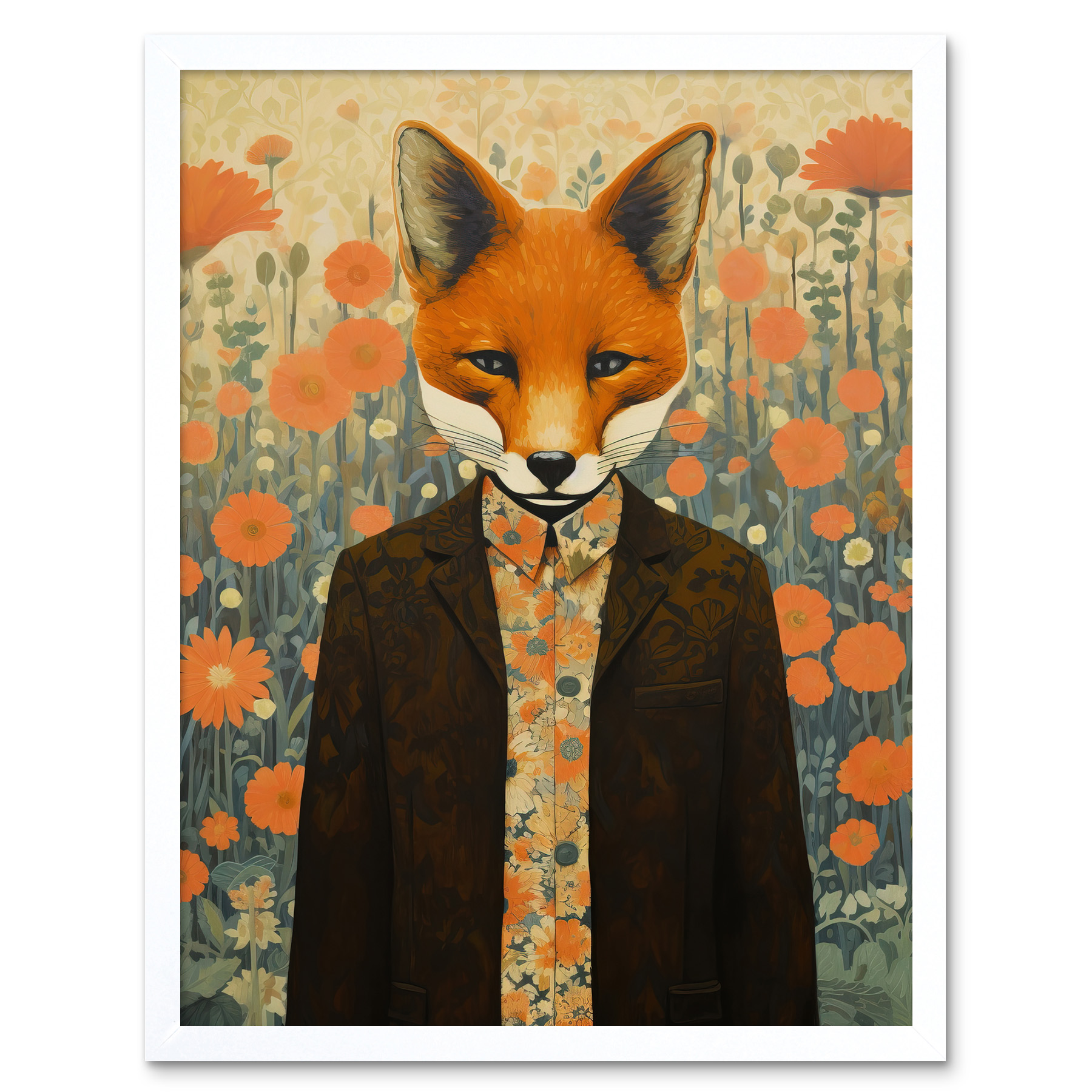 Portrait of Dressed Fox in Suit and Shirt Floral Background Orange ...