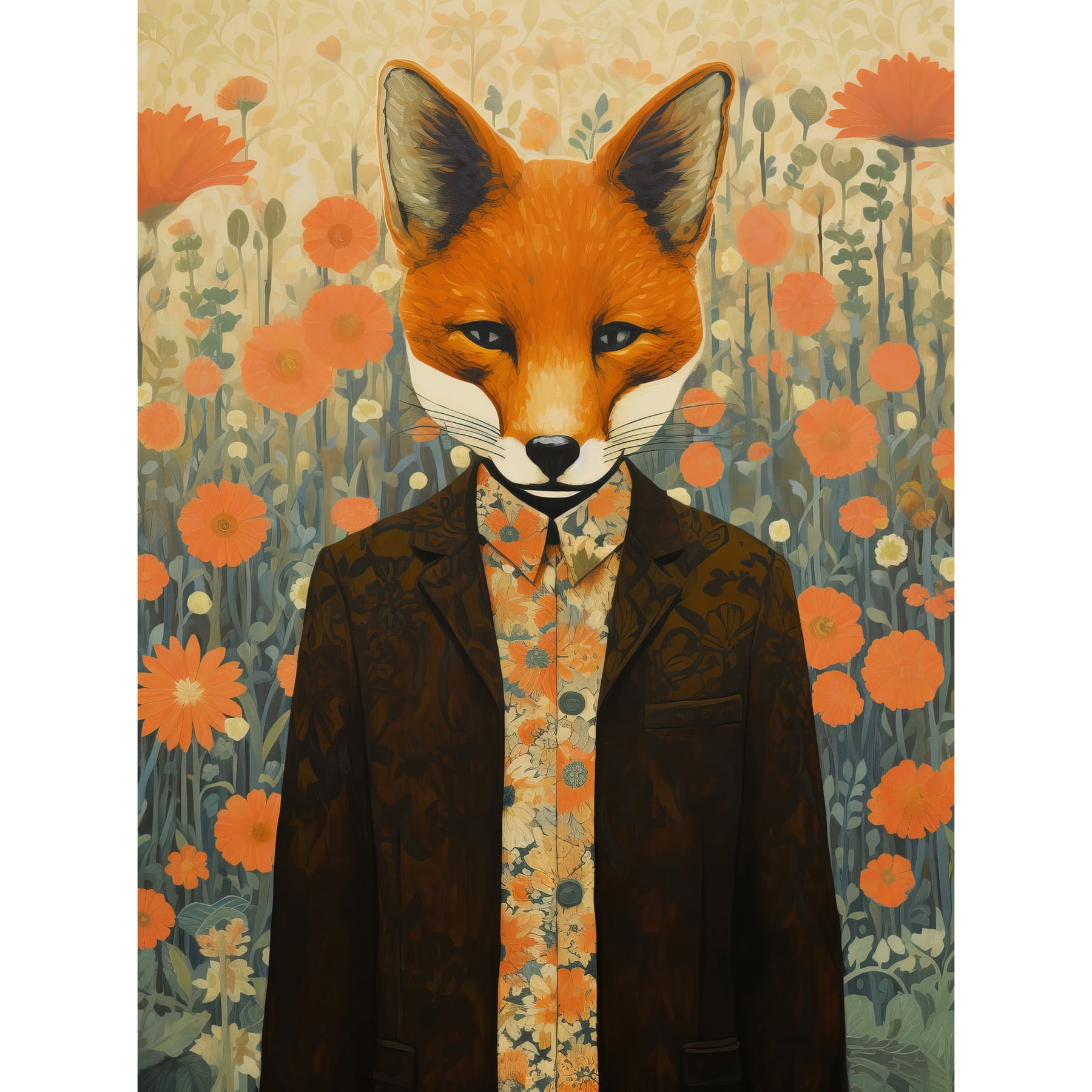 Portrait of Dressed Fox in Suit and Shirt Floral Background Orange ...