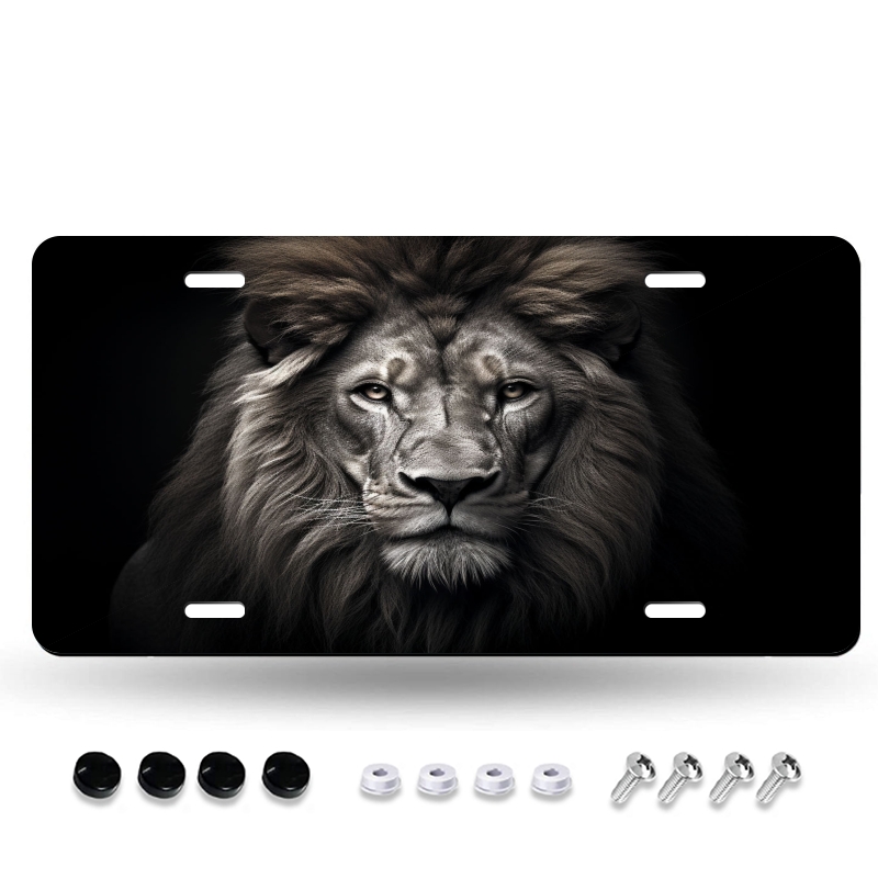 Portrait of Majestic Lion with Dark Background Front License Plate ...