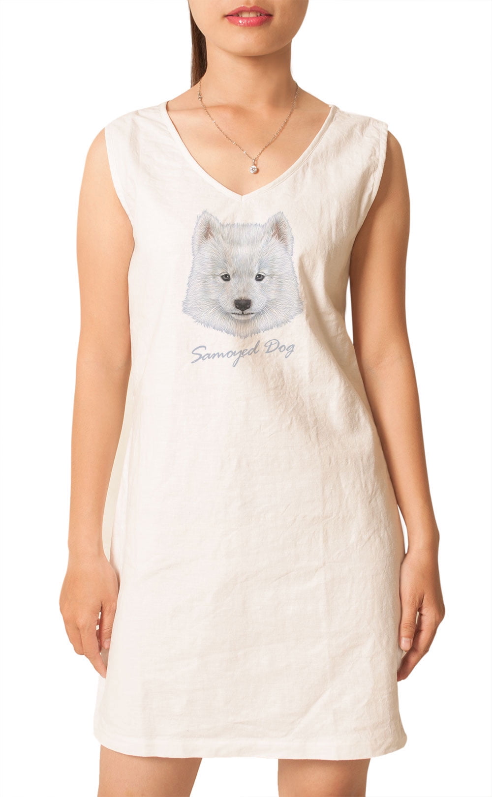 Portrait of Samoyed dog Printed Vintage V-neck Linen Mini Shift Dress ...