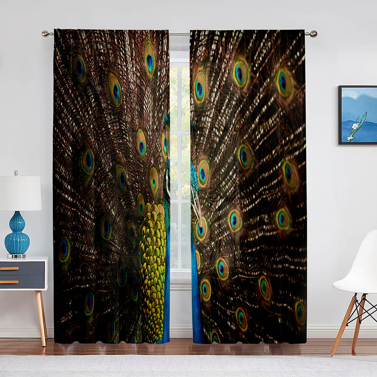 Portrait of The Peacock Eye Feather Tail Tulle Curtains for Living Room ...