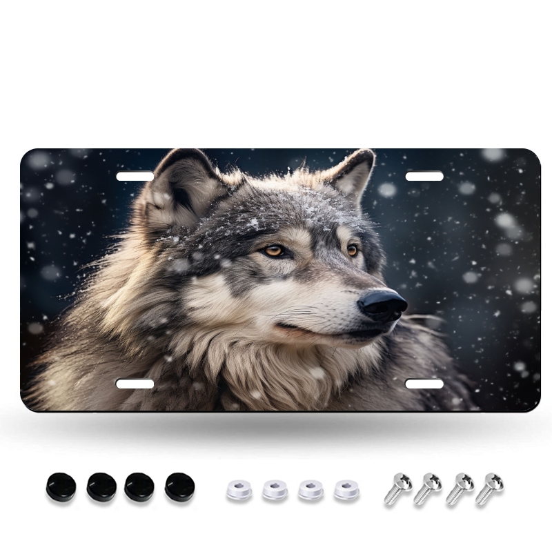 Portrait of Wolf with Snow Falling Background Front License Plate ...