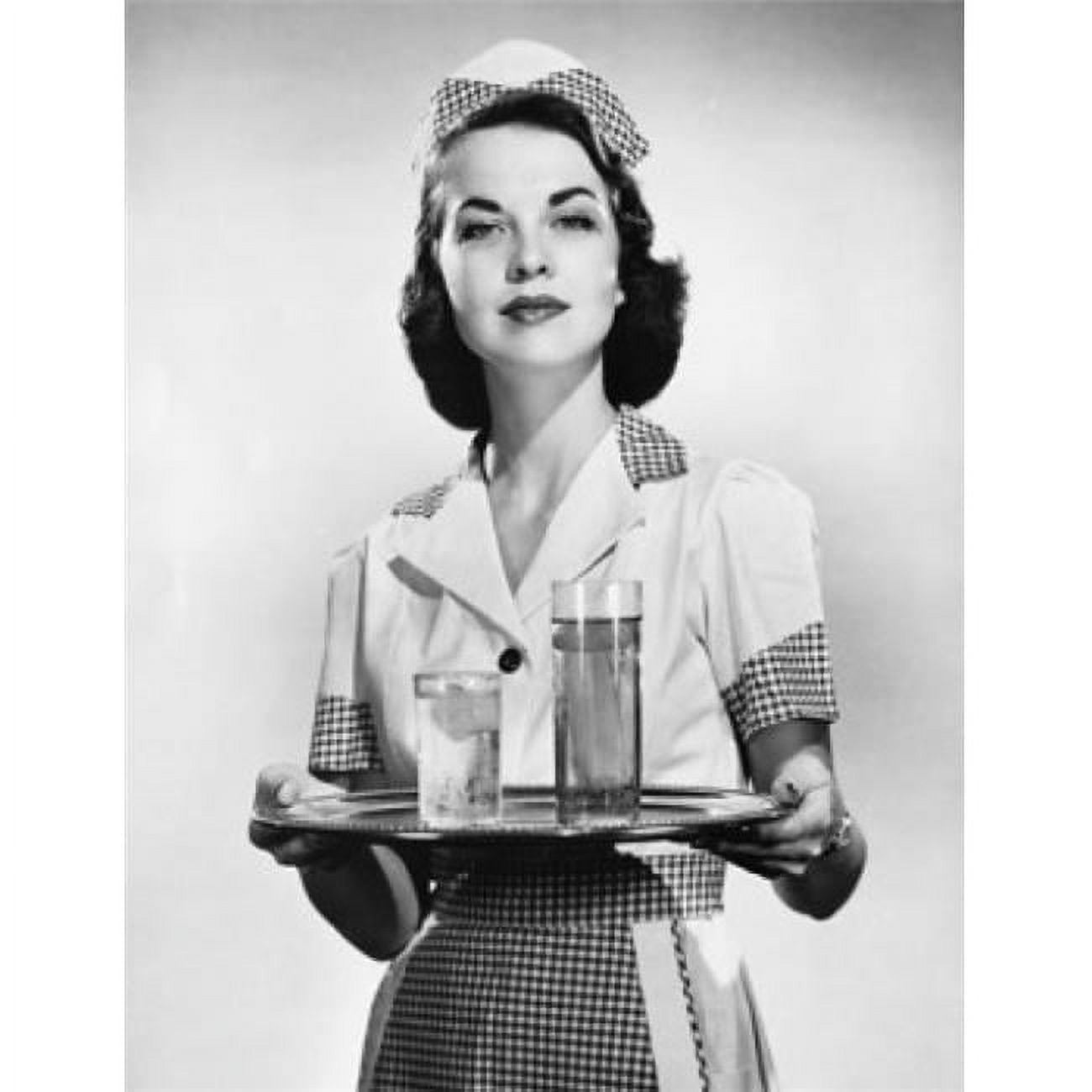 Portrait of a Waitress Holding a Tray of Drinks Poster Print - 18 x 24 ...