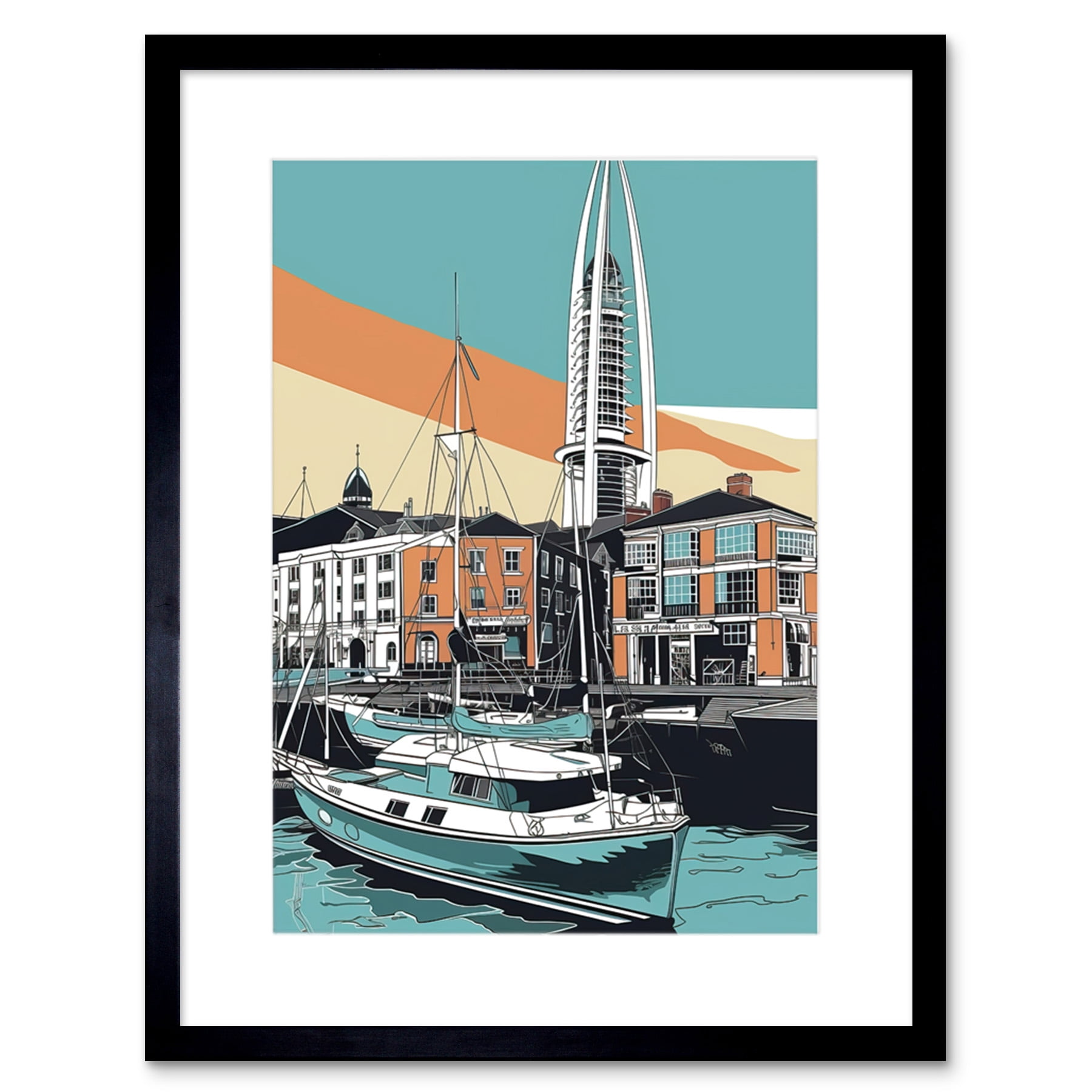 Portsmouth Historic Dockyard Modern Linocut Style Artwork Framed Wall ...