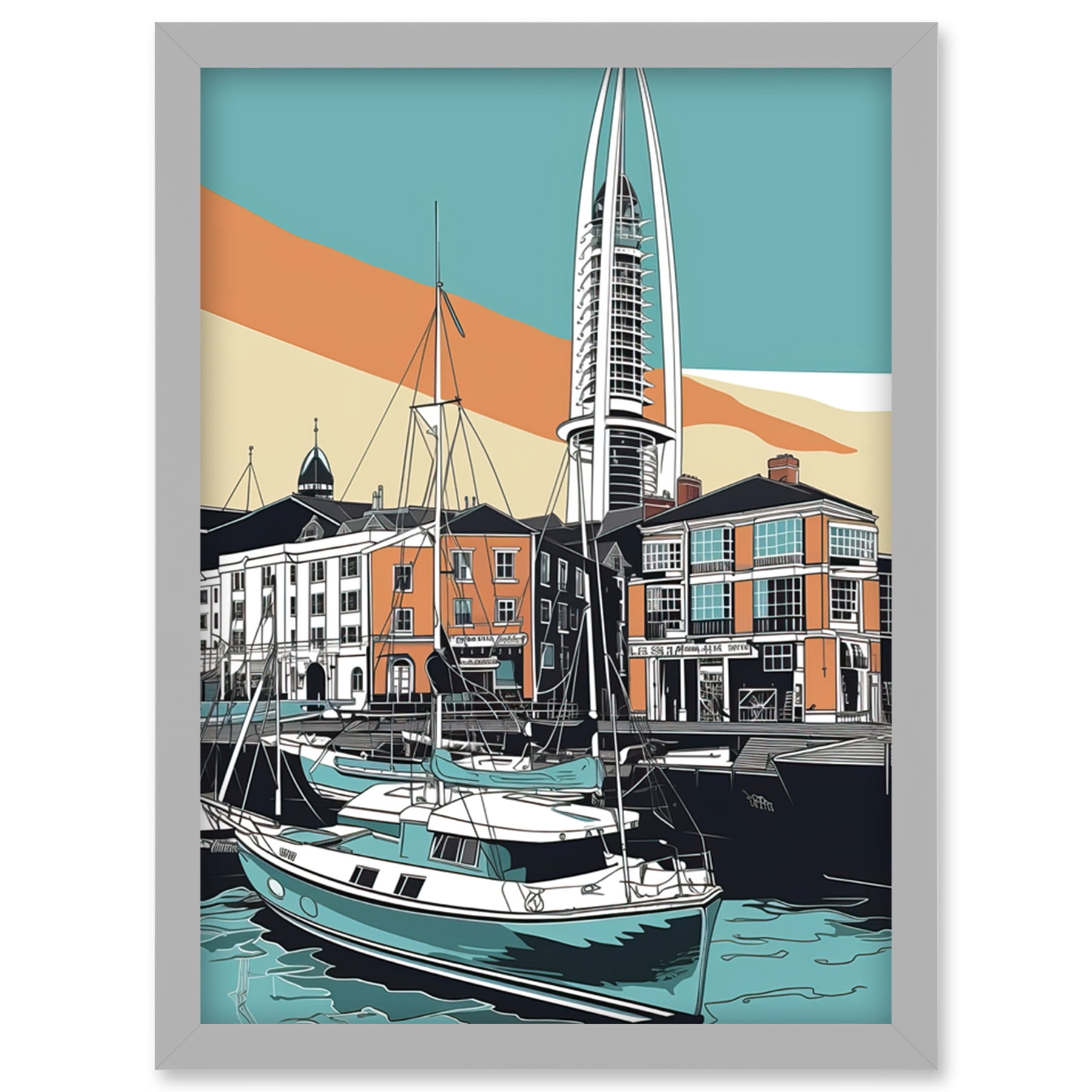 Portsmouth Historic Dockyard Modern Linocut Style Artwork Framed Wall ...