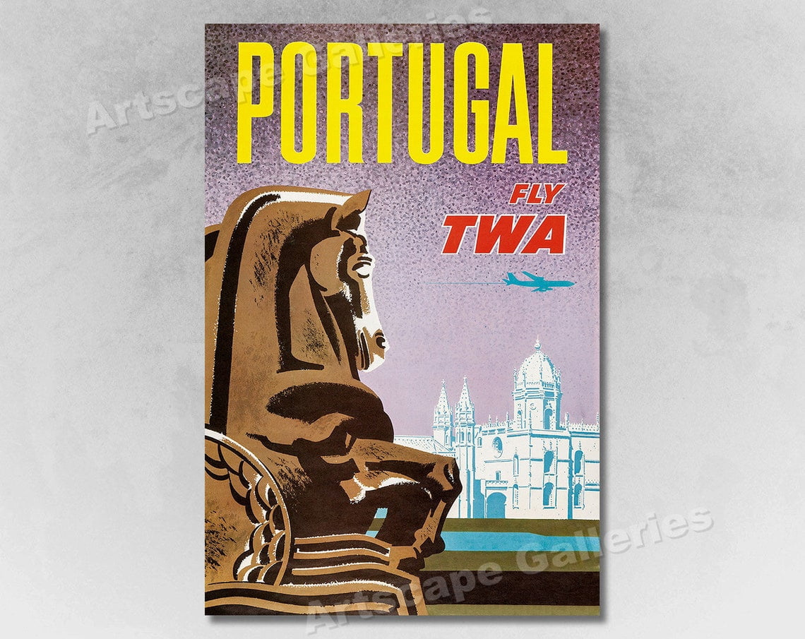 Portugal Fly TWA 1962 Vintage Style Airline Travel, Stretched Canvas ...