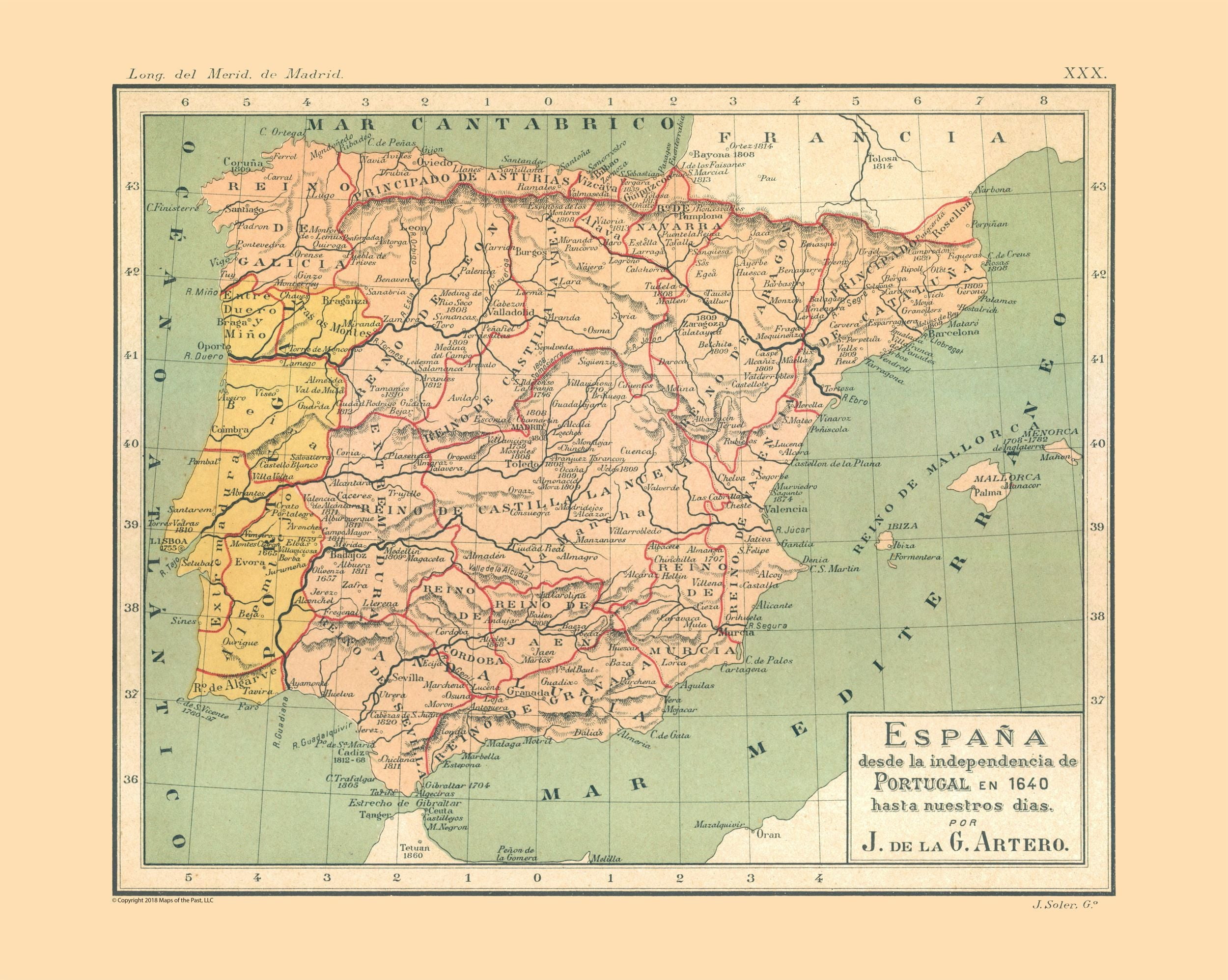 Historic Map - Portugal Spain Independence 1640 - Artero 1879 - 28.82 x ...