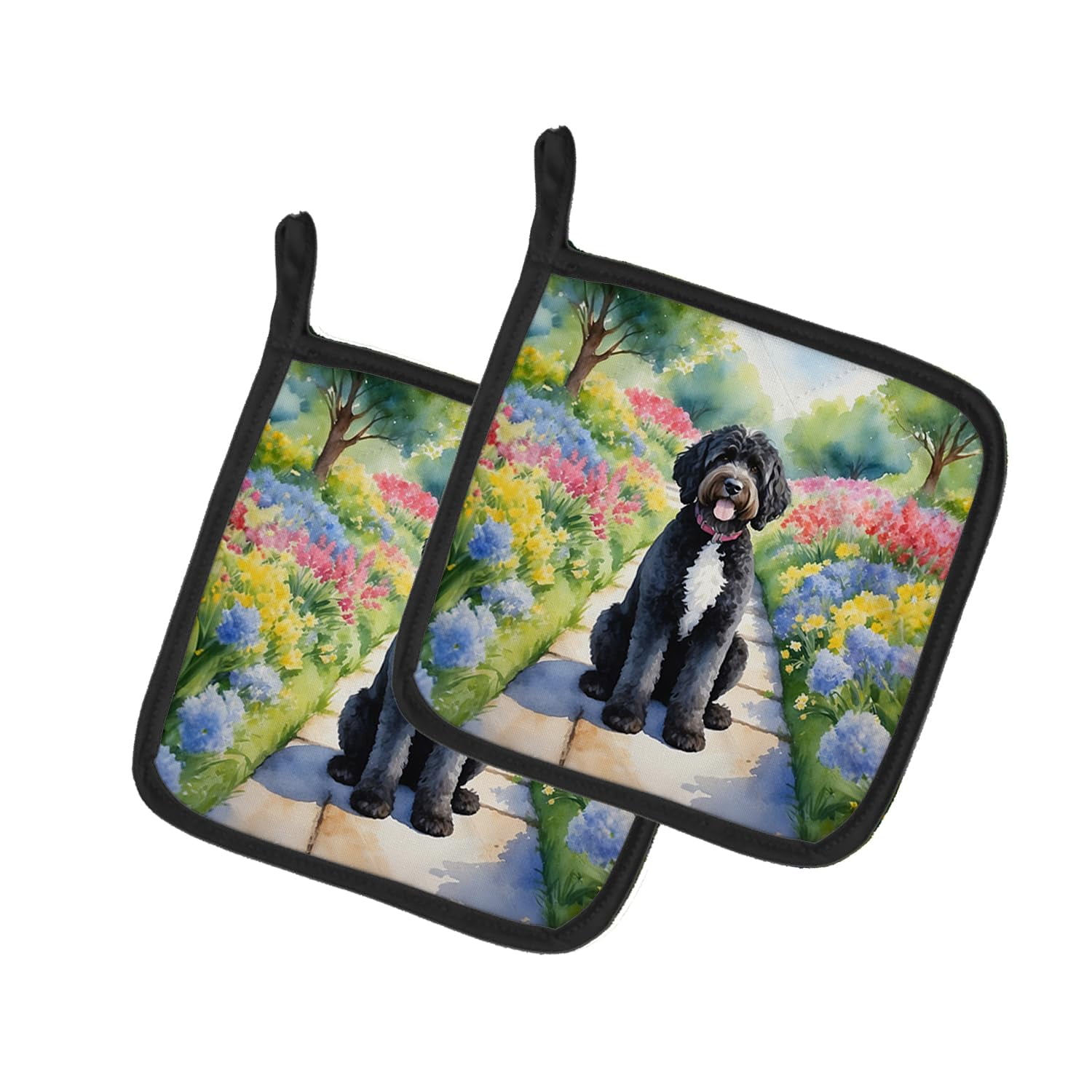 Portuguese Water Dog Spring Path Pair of Pot Holders 7.5 in x 7.5 in ...