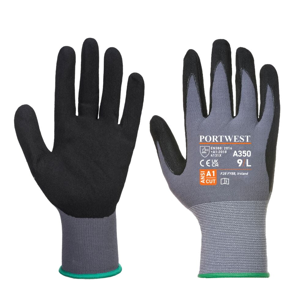Portwest A350 Nitrile Work Gloves Palm Dipped DermiFlex Gloves Black ...
