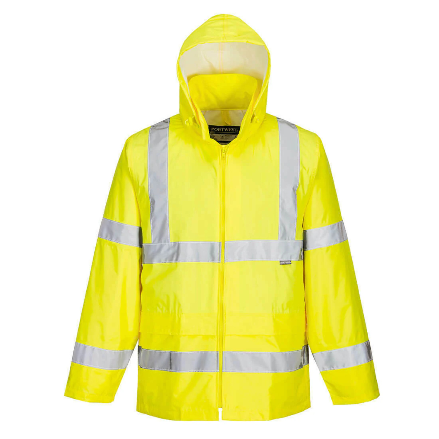 Portwest Mens Hi-Vis Rain Jacket Reflective Taped Hood Work Safety ...