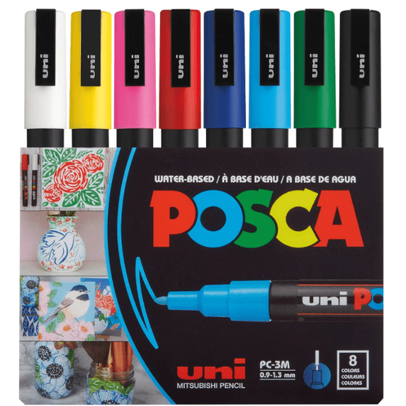 Posca Full Set of 8 Acrylic Paint Pens with Reversible Fine Point Pen ...