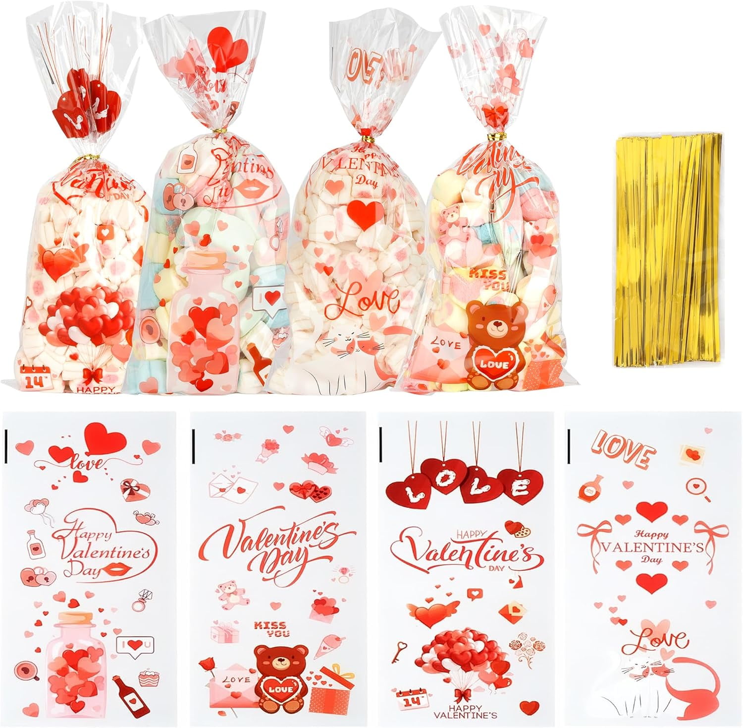 Poscoverge 200 PCS Valentine Treat Bags, Valentine Cellophane Treat ...
